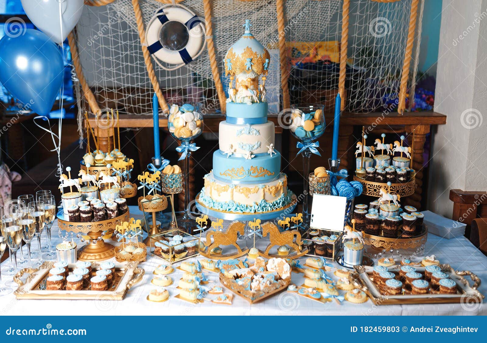 Candy bar with blue cake stock image. Image of celebrate - 182459803