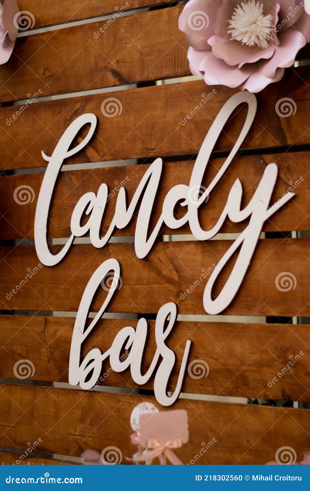 Candy Bar at the Wedding Reception. Wooden Inscription. Letters. Rustic ...
