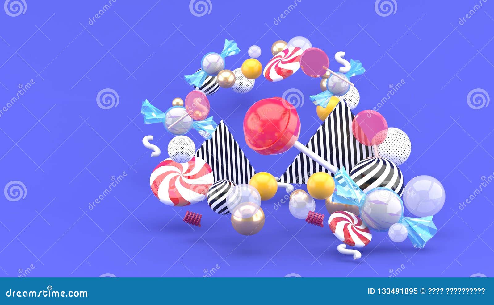 Candy among Colorful Balls on Purple Background Stock Illustration ...