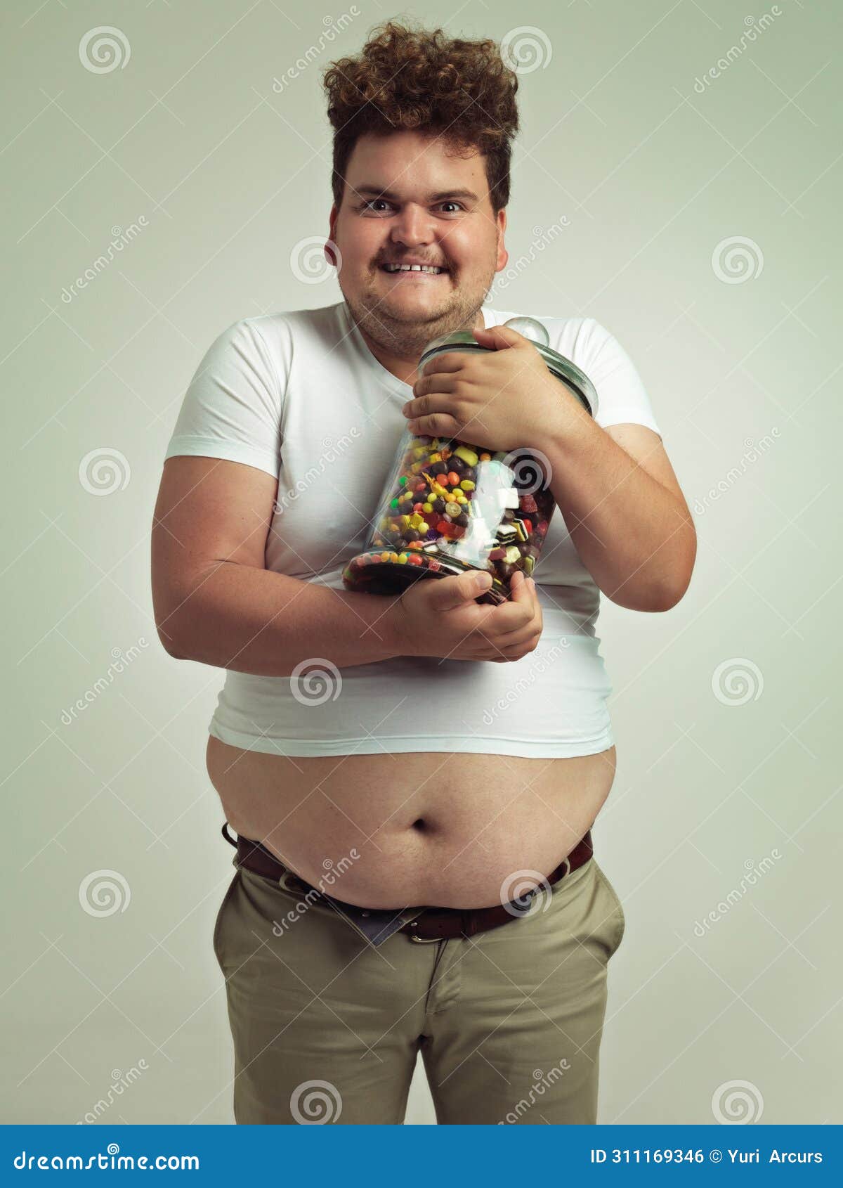 Candy, Crazy and Portrait of Plus Size Man in Studio for Luxury Snacks ...