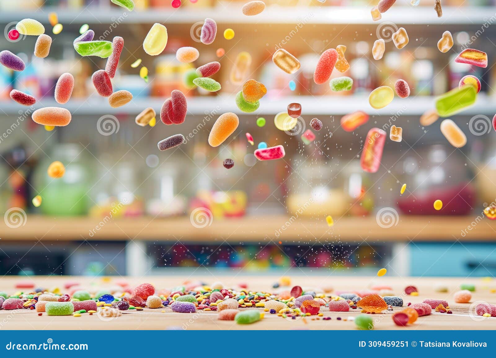 Candy is Falling on a Table in Front of a Shelf Stock Image - Image of ...
