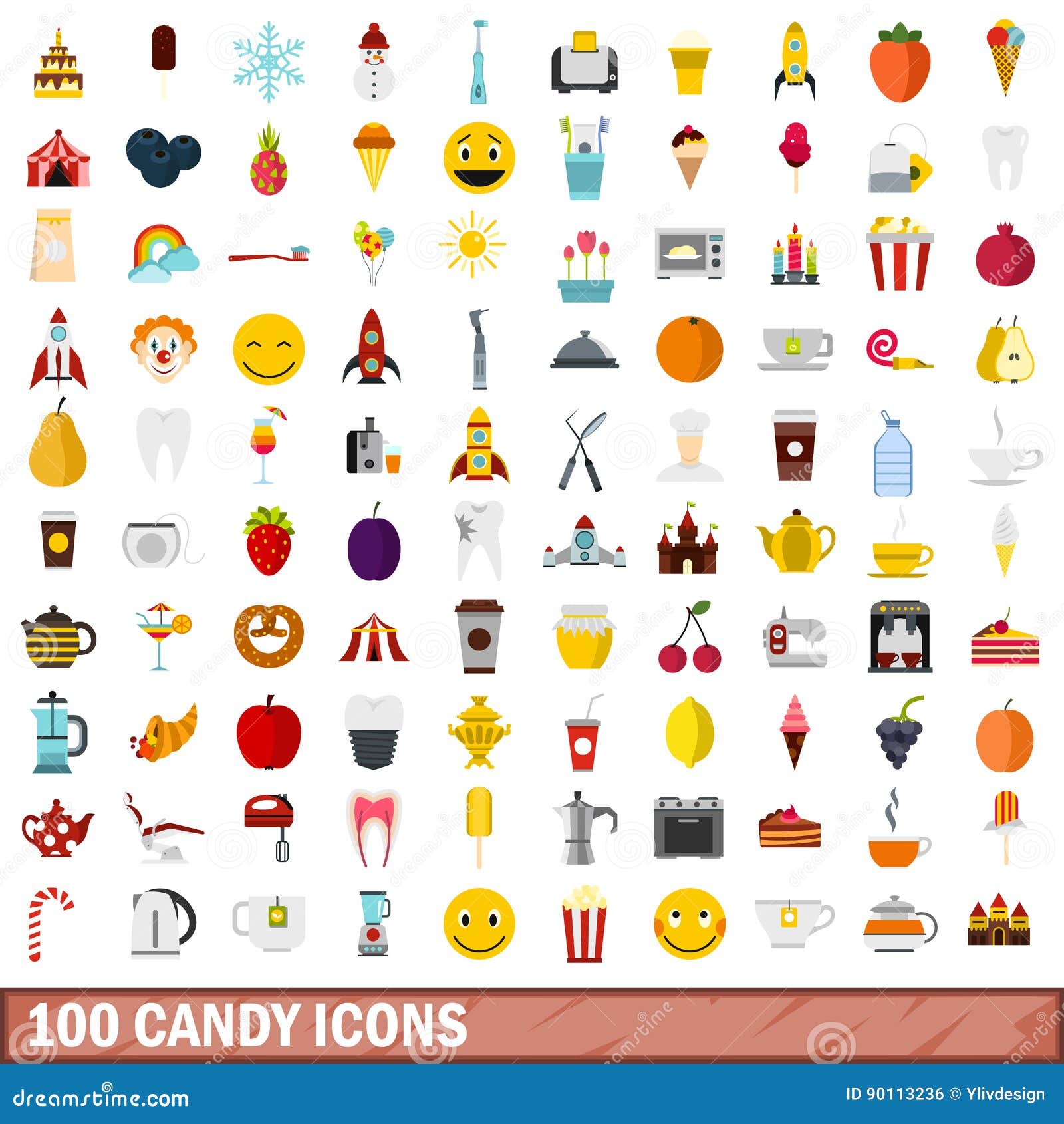 100 Candy Icons Set, Flat Style Stock Vector - Illustration of cherry ...