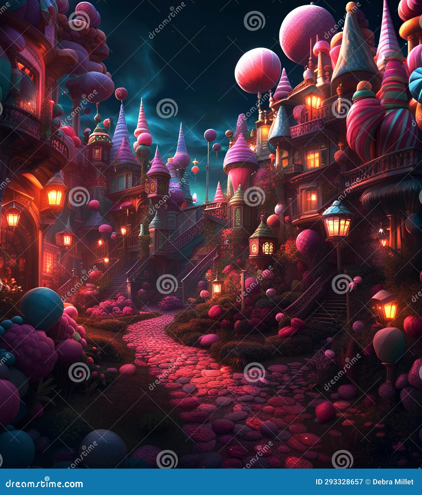 Candy land at night. stock image. Image of street, land - 293328657