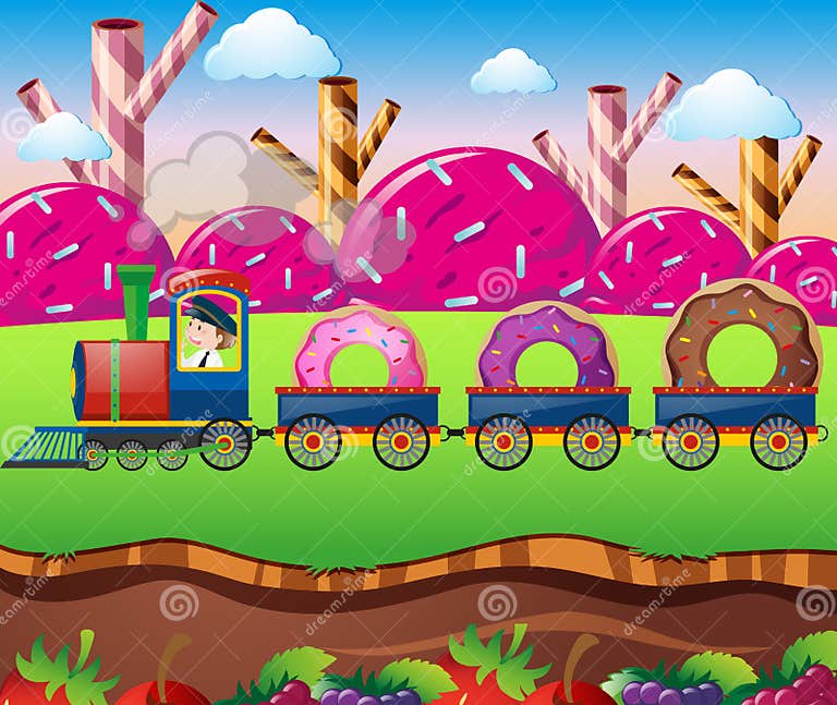 Candy Land with Train Ride with Donuts Stock Vector - Illustration of ...