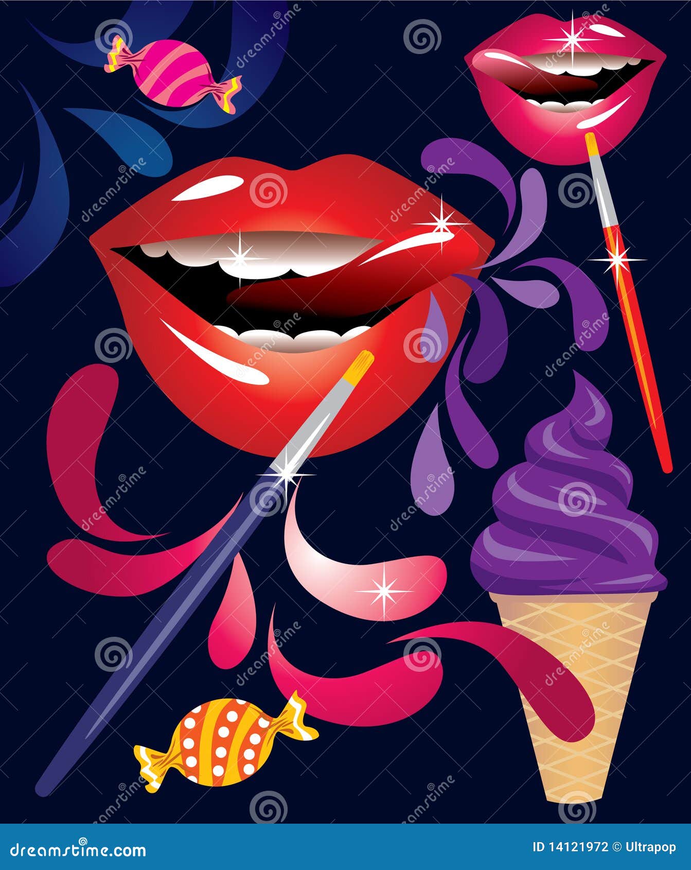 Candy Lips Patches. Vintage 80s Fashion Stickers With Girl Showing ...