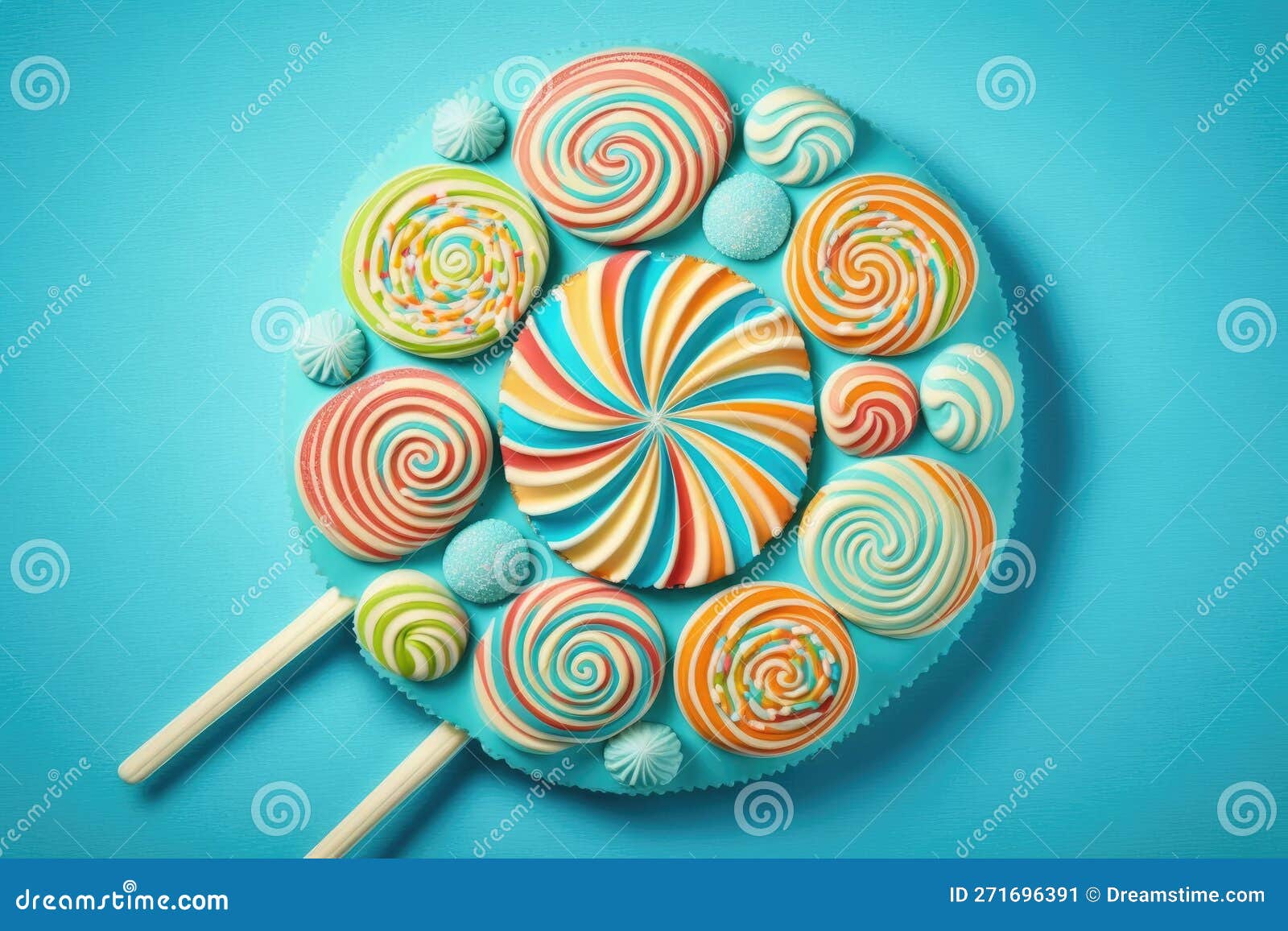 Candy Lollipop Circle on a Blue Background, Seen from Above Stock ...