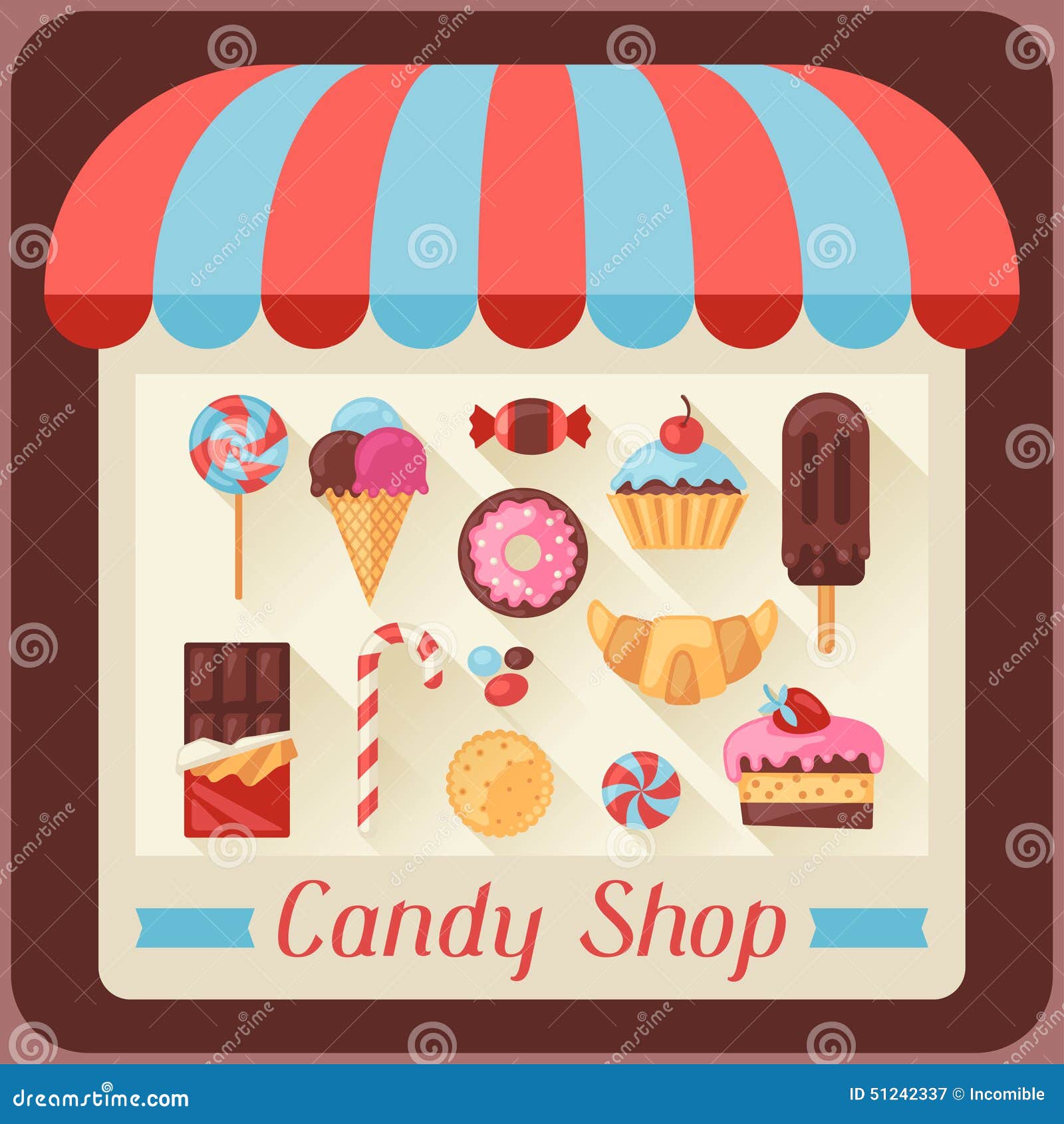 Candy Shop Background with Candy, Sweets and Cakes Stock Vector ...