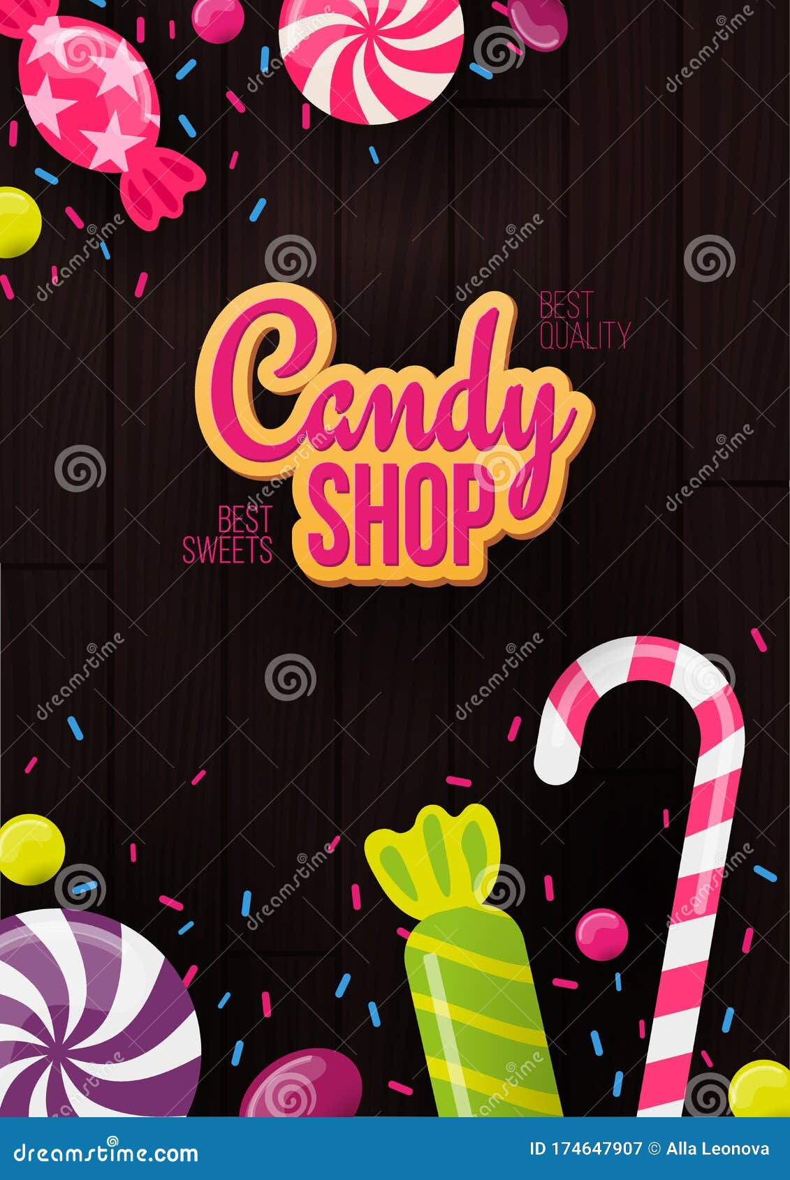 Candy Shop Banner with Sweets on the Wooden Background. Stock Vector ...