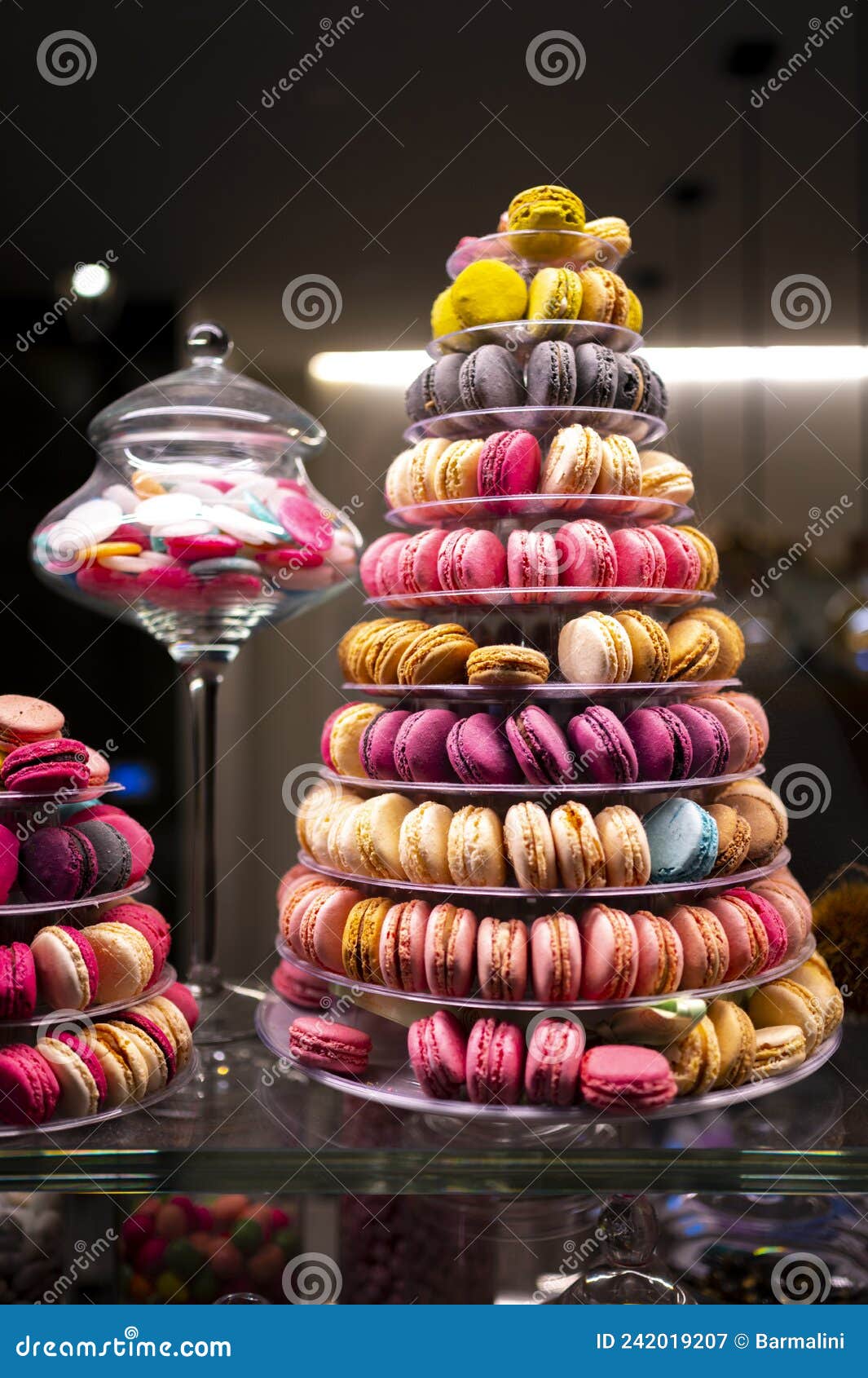 Candy Shop Display with Colorful Pyramid of French Macarons Biscuits ...