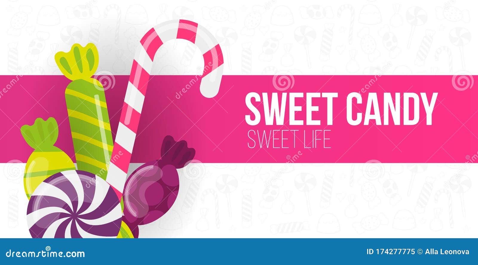 Candy Shop Pink Banner with Sweets on the Hand Draw Doodle Background ...