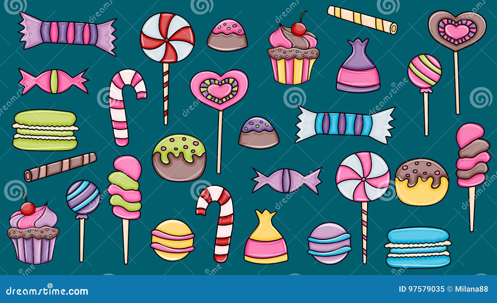 Candy and Sweets Cartoon Doodle Elements Set. Stock Vector ...