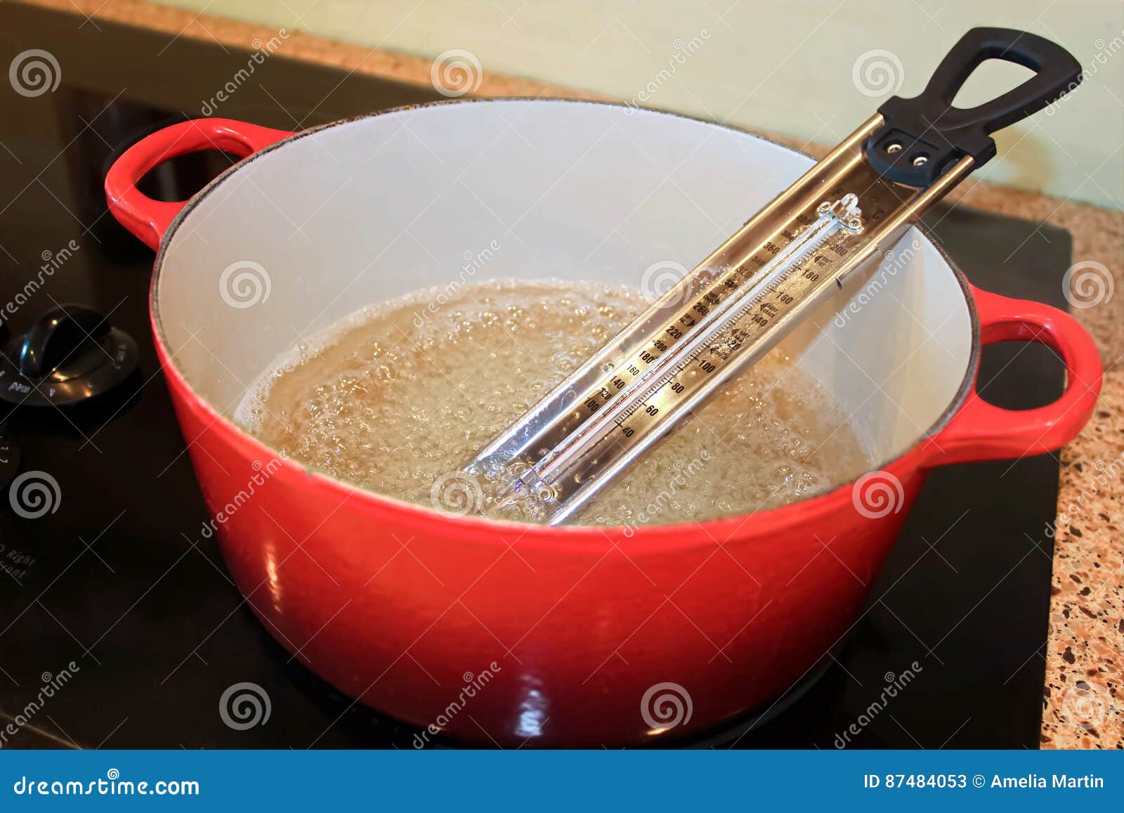 Candy Thermometer in Pot of Boiling Sugar Stock Image - Image of liquid ...