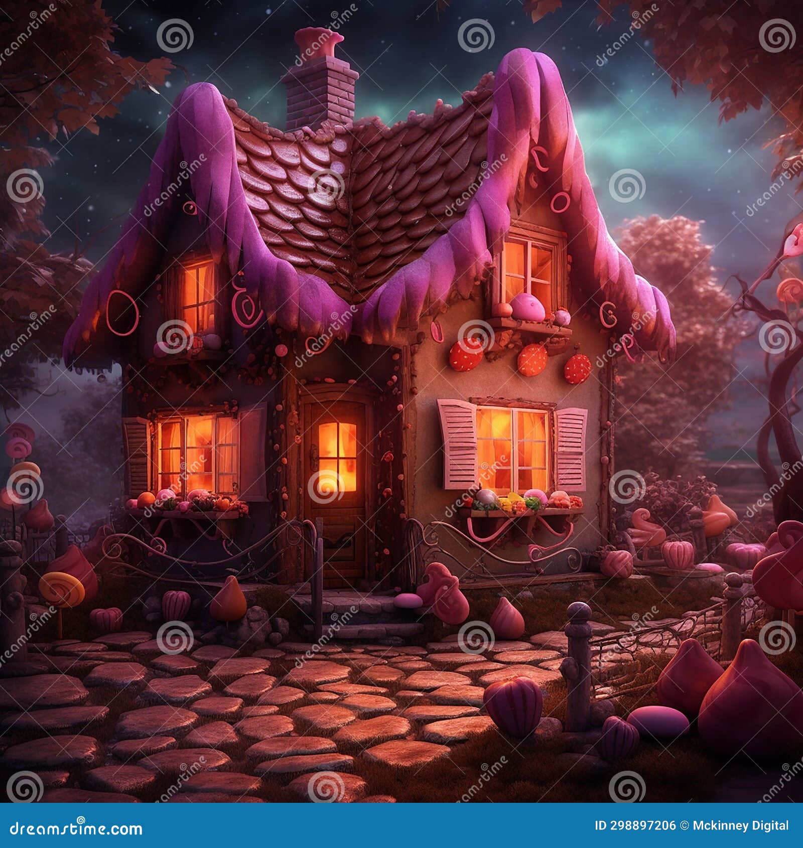 Candyland Home during Winter at Night. Stock Illustration ...
