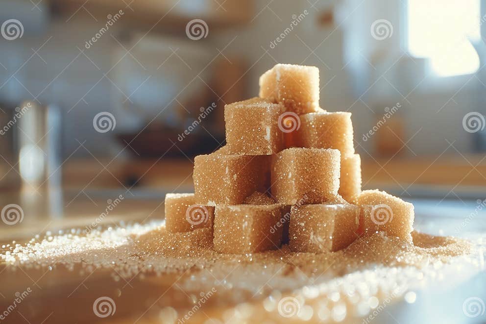 Cane Sugar Cubes Stacked in a Pyramid on Kitchen Table Stock Photo ...