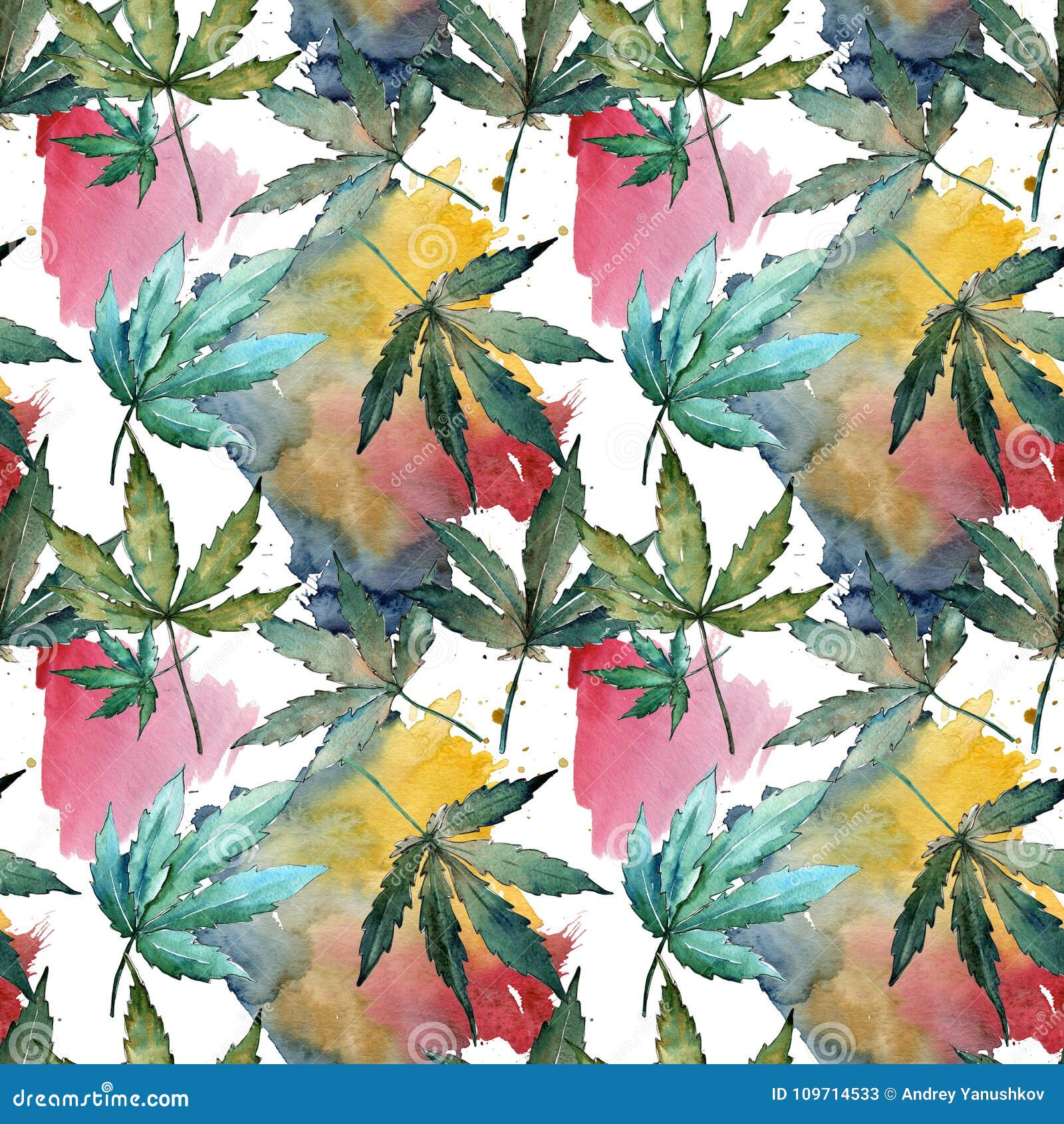 Cannabis Leaves Pattern in a Watercolor Style. Stock Illustration ...