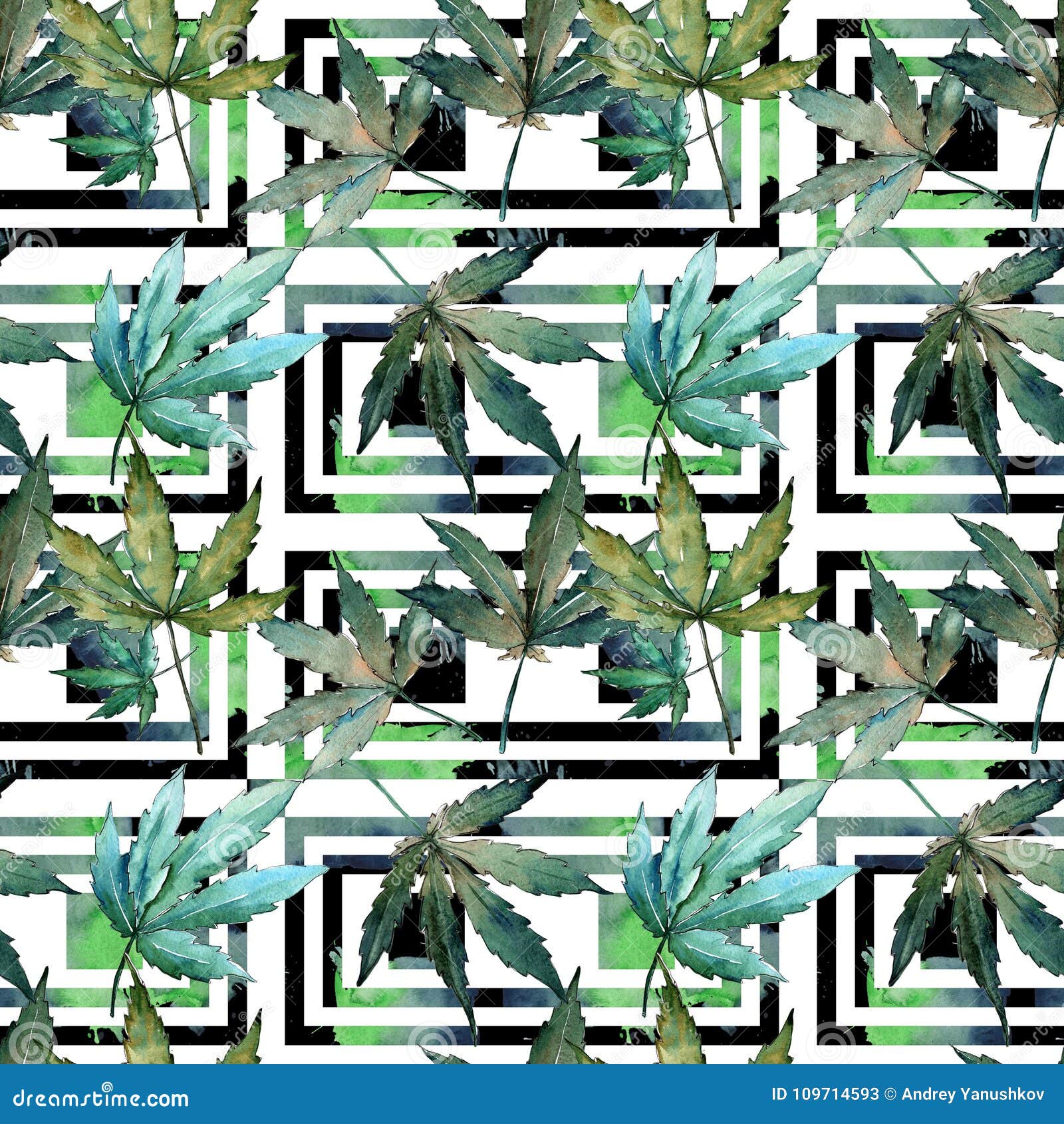 Cannabis Leaves Pattern in a Watercolor Style. Stock Illustration ...