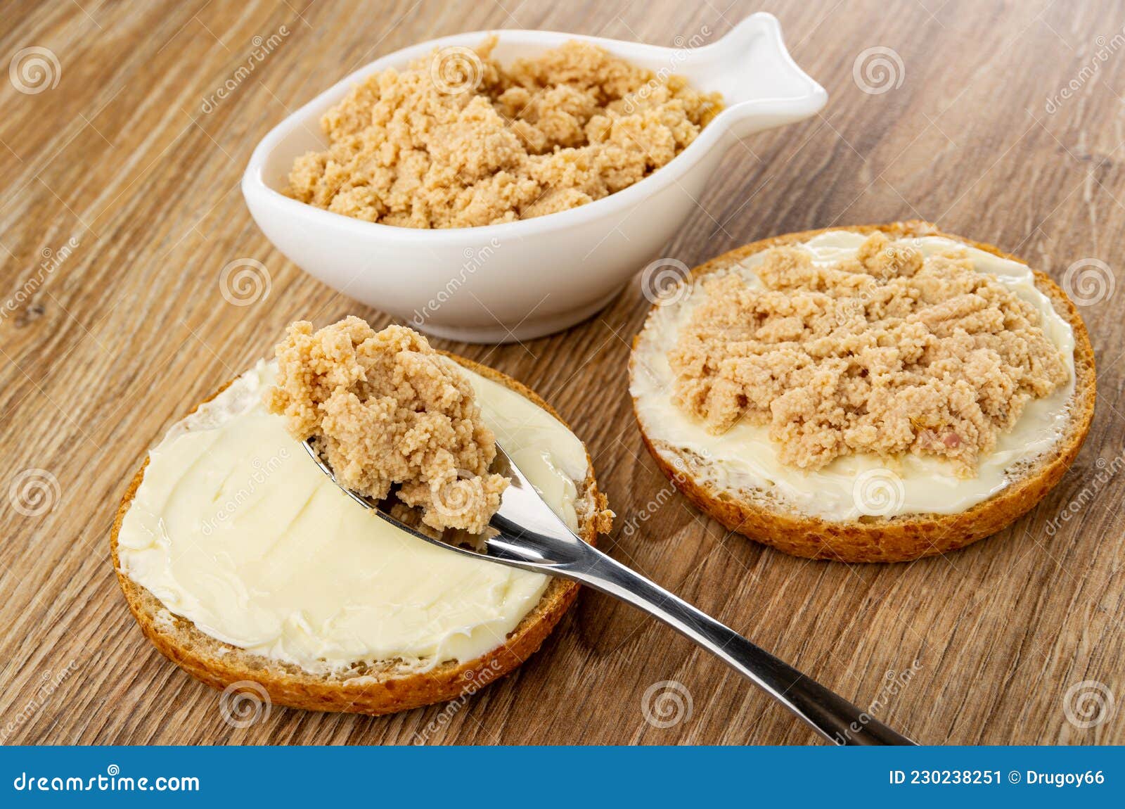 Canned Cod Caviar in Bowl, Spoon with Cod Caviar on Sandwich with ...