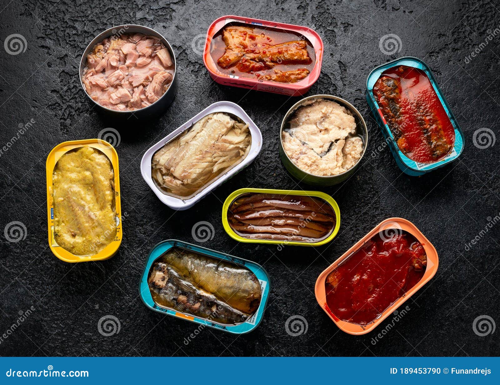 Canned Fish with Different Assortment Types of Seafood on Rustic Stone ...