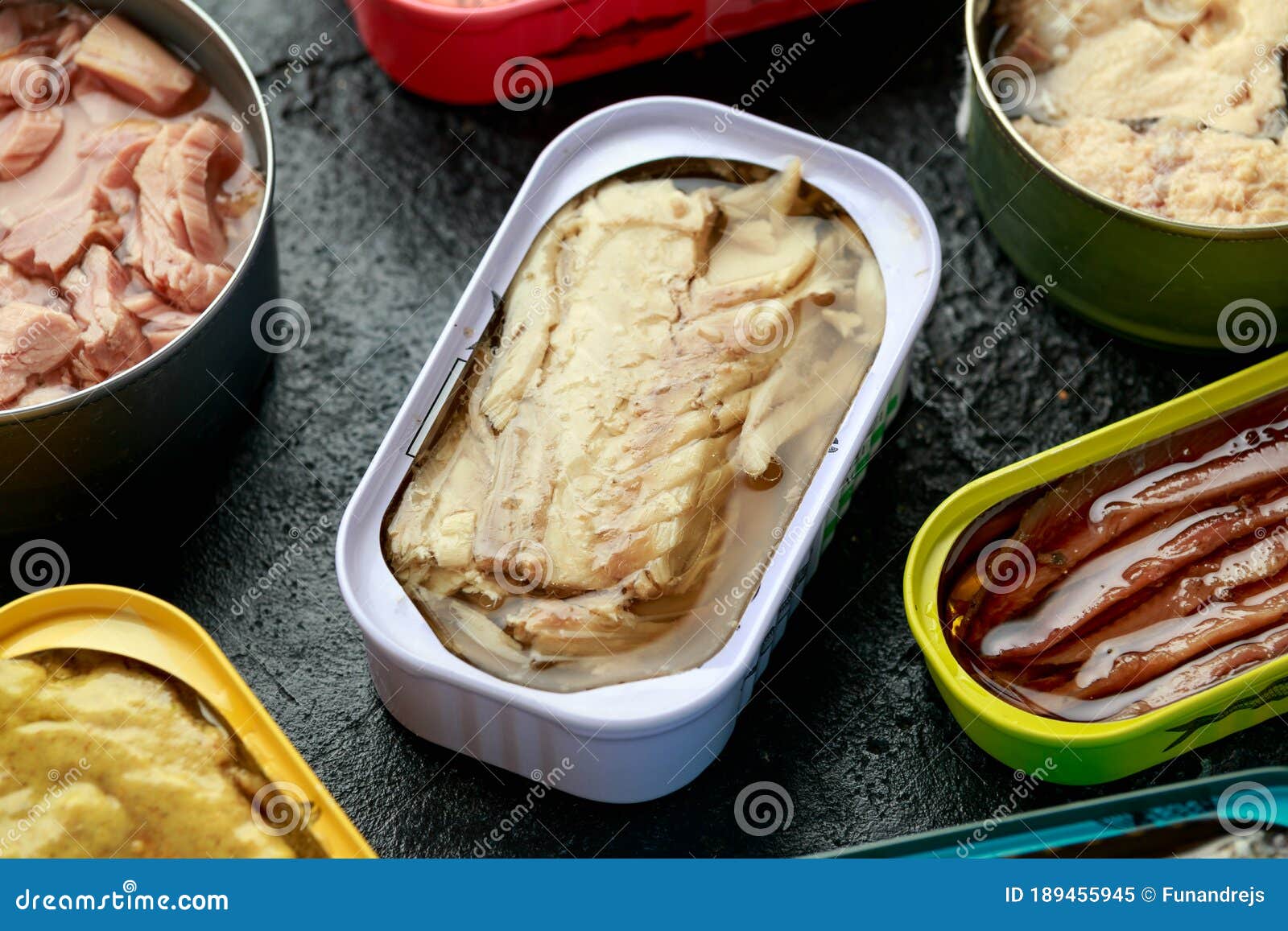 Canned Fish with Different Assortment Types of Seafood on Rustic Stone ...