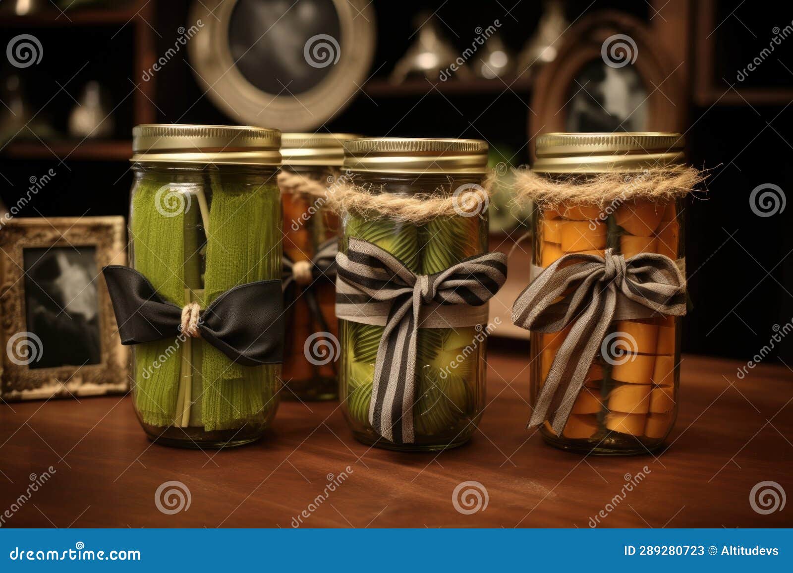 Canned Pickles with Decorative Labels and Twine Bows Stock Image ...