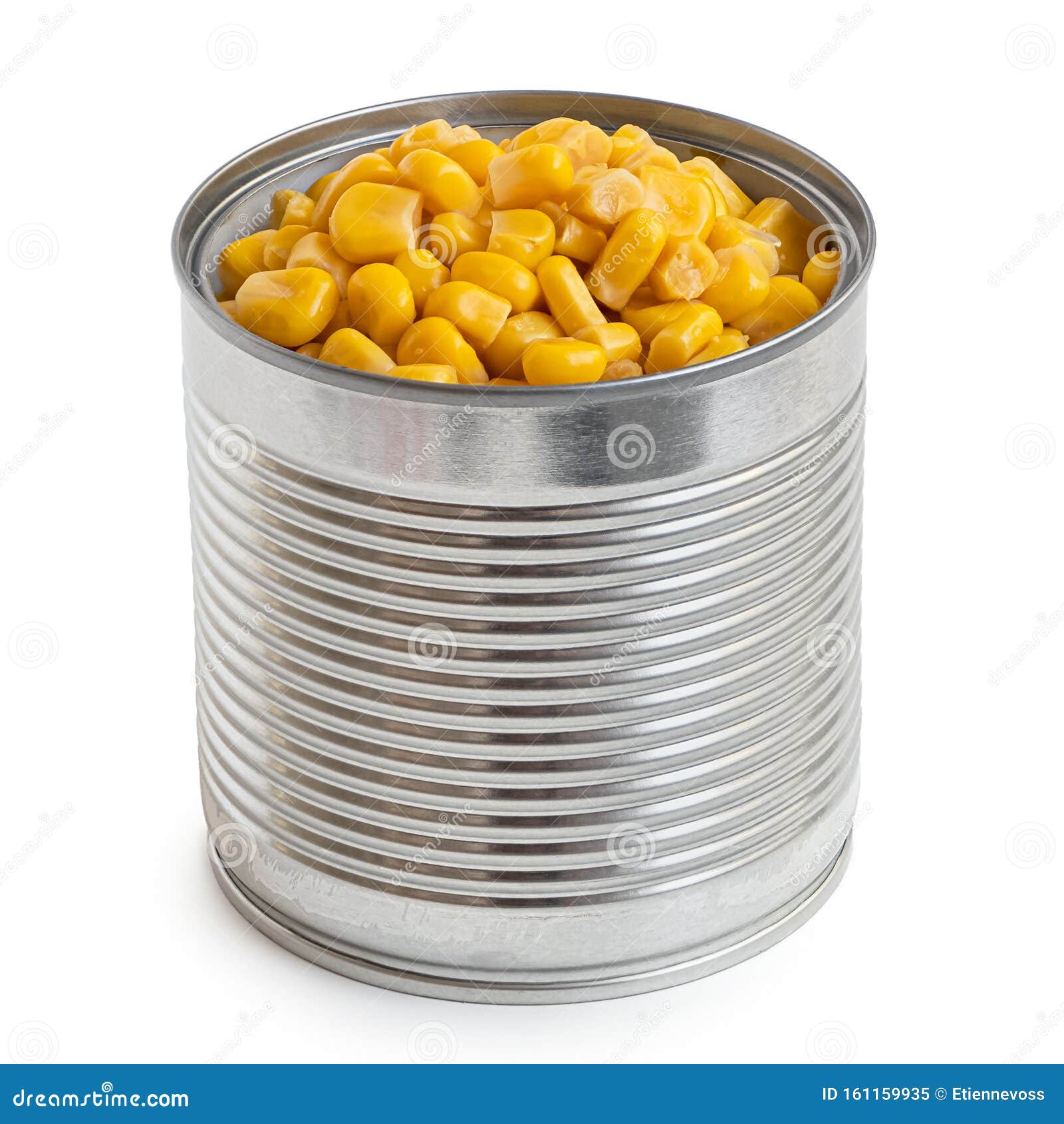 Canned Sweet Corn in an Open Metal Tin Isolated on White Stock Image ...