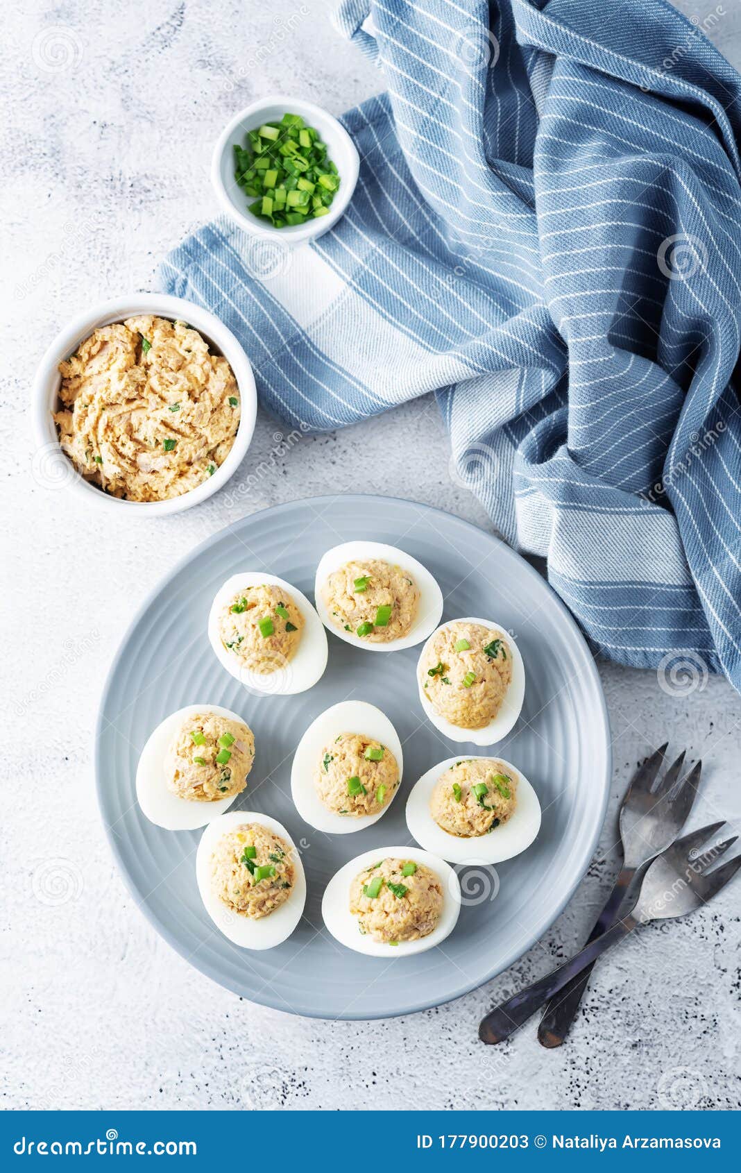 Canned Tuna Deviled Eggs with Scallion on a Light Background Stock ...