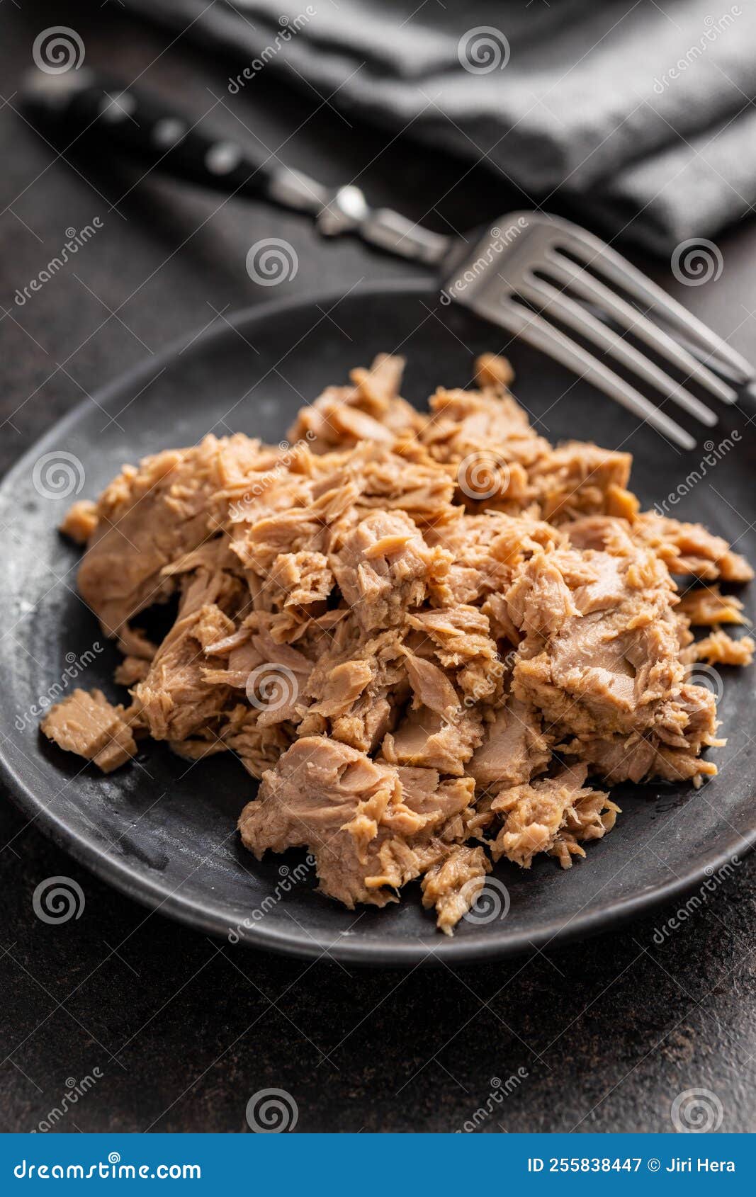 Canned Tuna Fish on the Plate on Black Table Stock Image - Image of ...
