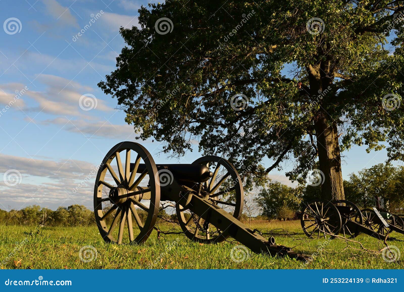 A Cannon Overlooking Field with Shadows Cast on the Ground Stock Image ...
