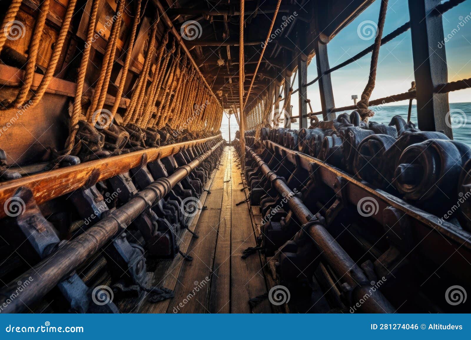 Cannon Row on Deck of an Old Pirate Ship Stock Illustration ...