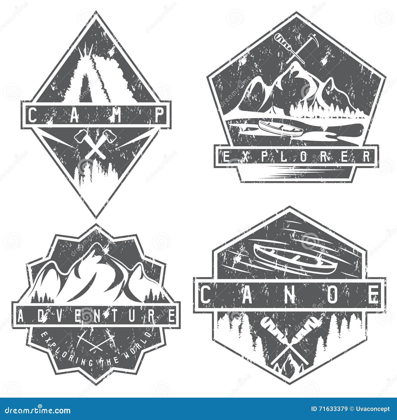 Canoe, Camping and Adventure Vintage Grunge Labels Set Stock Vector ...