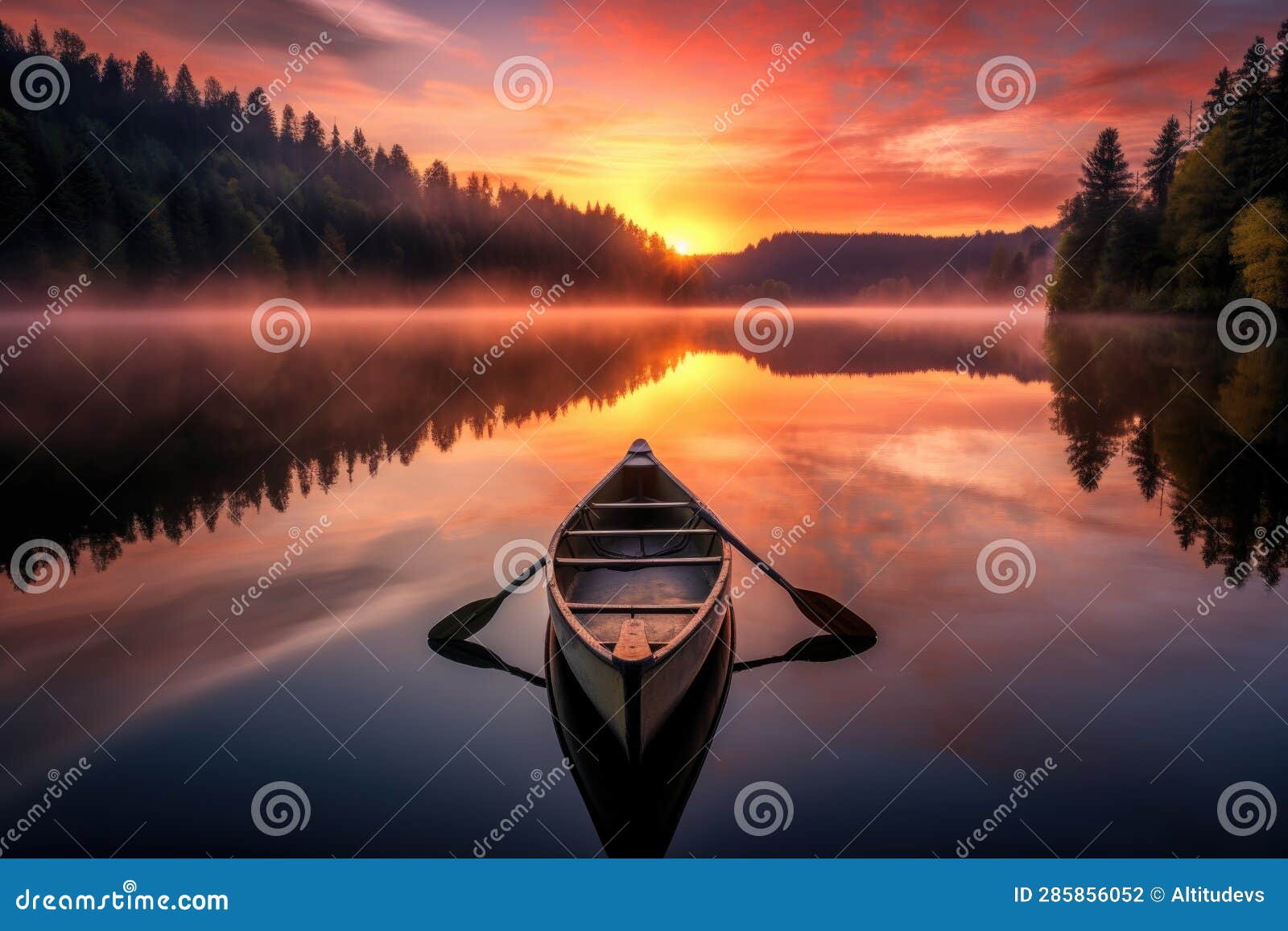 Canoe Floating on Calm Lake during Sunrise Stock Photo - Image of ...