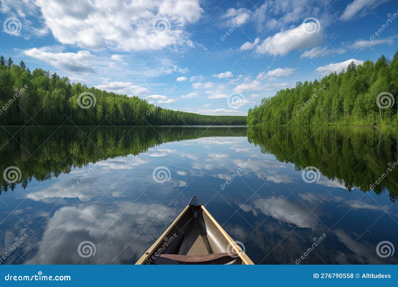Canoe on Glassy Lake, with Reflections of Trees and Sky Visible Stock ...