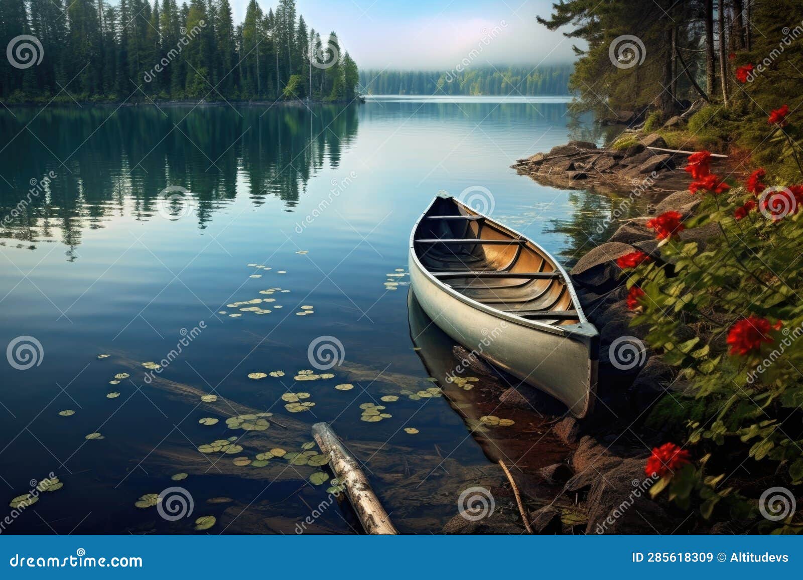 Canoe Resting on Shore with Scenic Lake View Stock Image - Image of ...