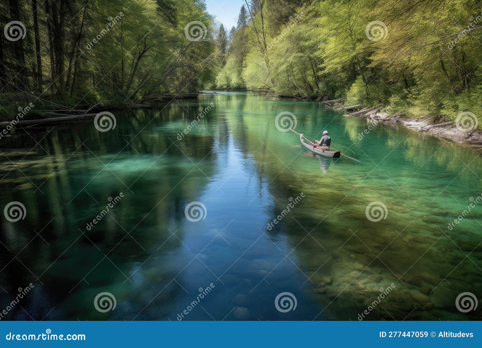 Canoeist Paddling Down Clear and Calm River, with Tranquil Setting ...