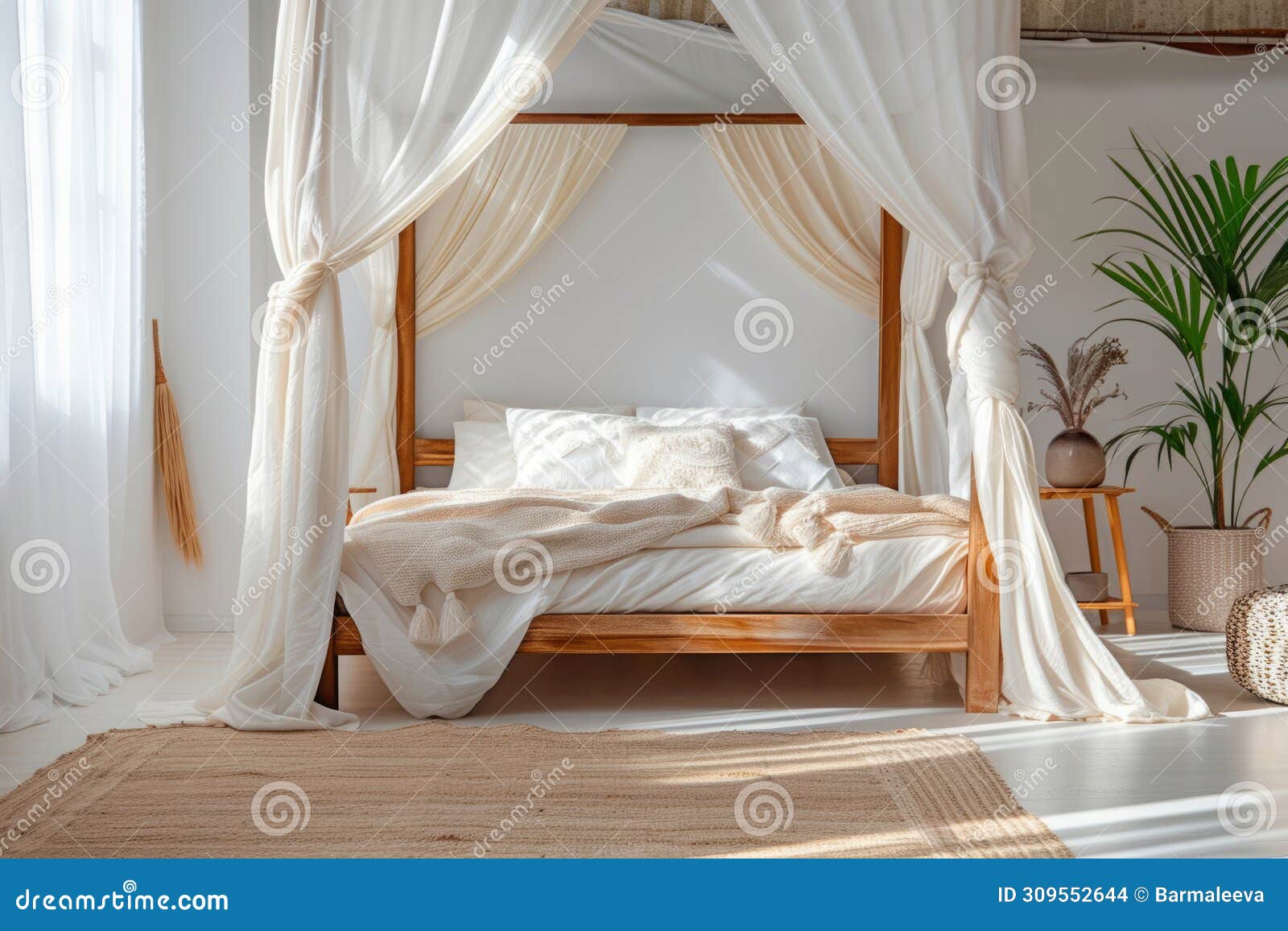 Canopy Bed in Boho Style Bedroom. Bed with Flowing White Curtains Stock Photo - Image of rustic ...