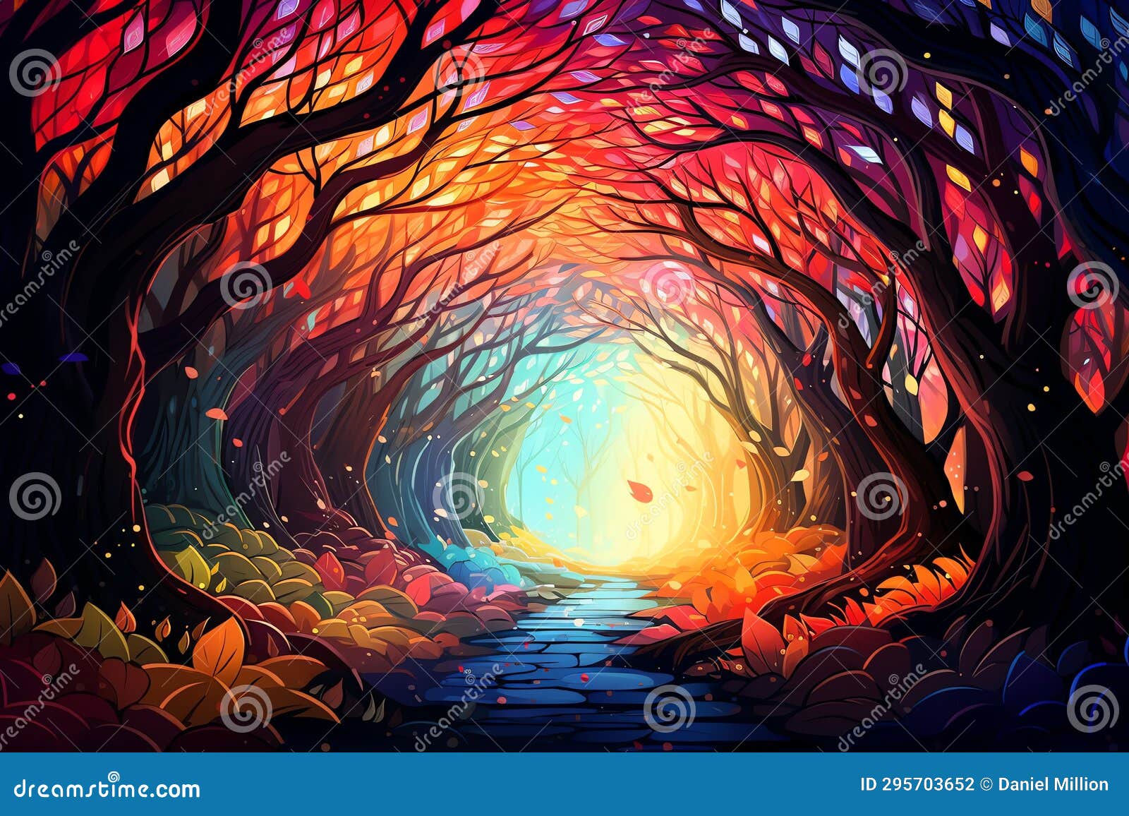 A Canopy of Colorful Leaves Creating a Magical Forest Tunnel Vector ...