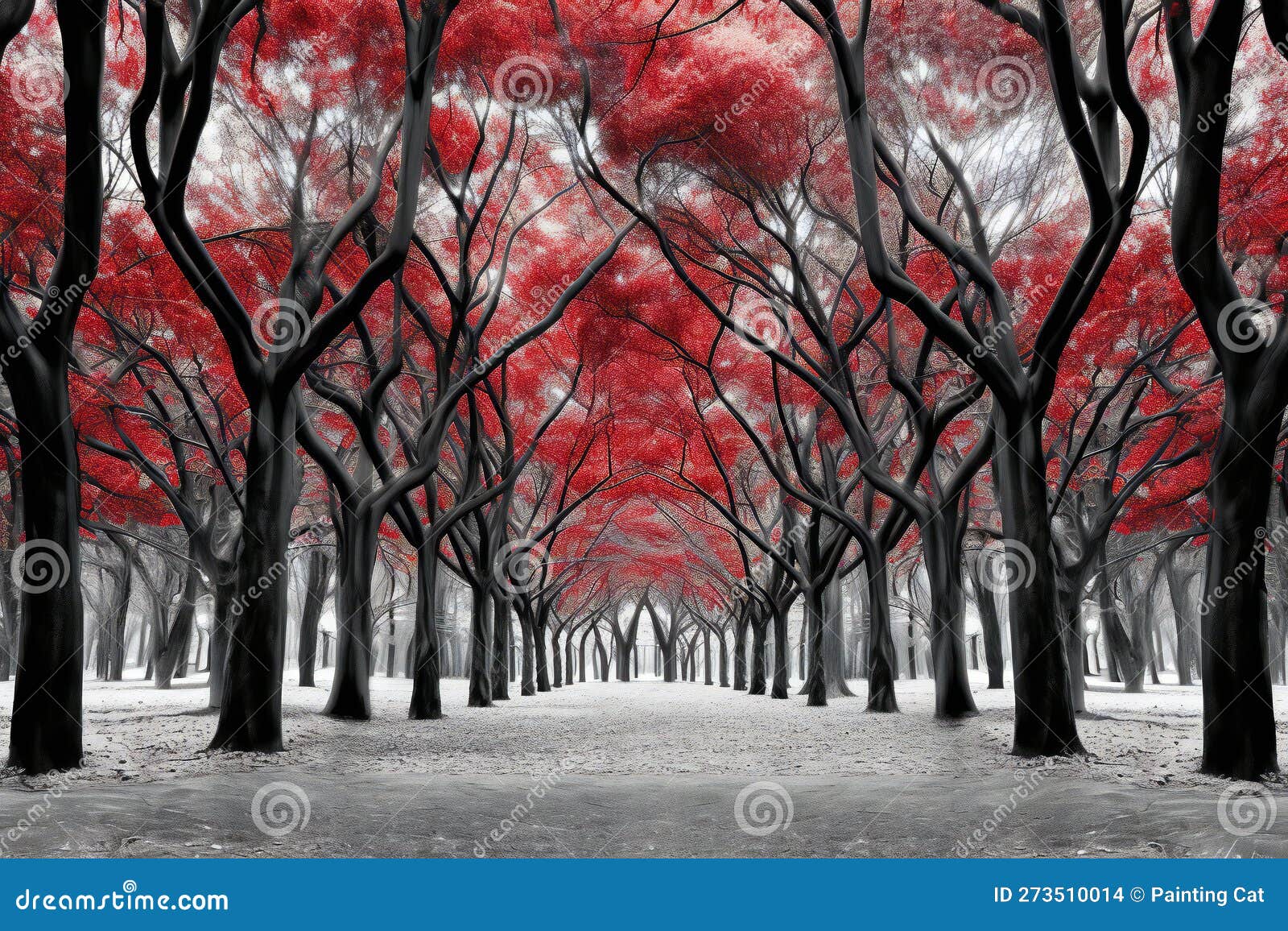 Canopy of Red Trees in Surreal Black and White Landscape, Nature ...