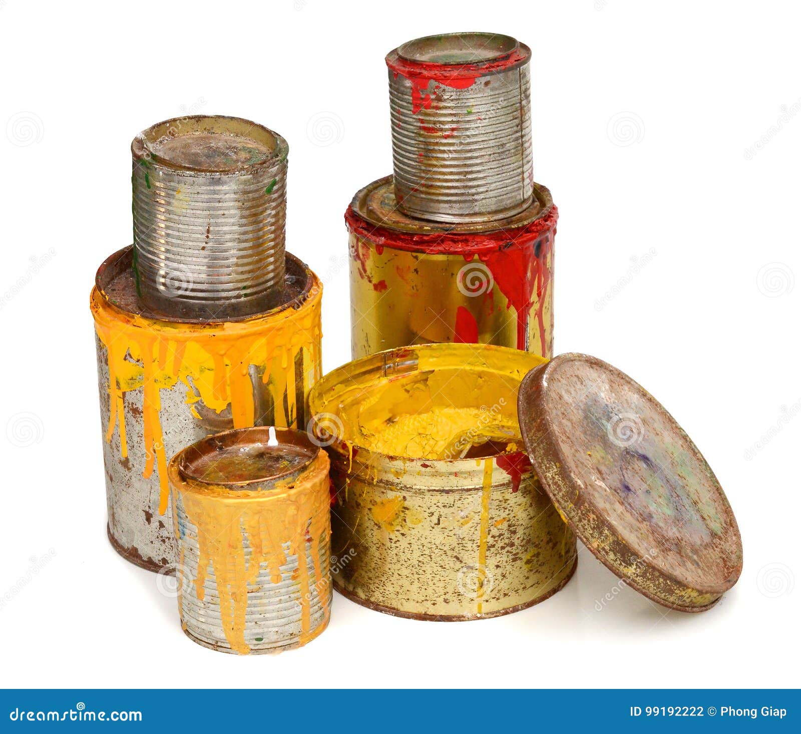 Used Colorful Paint Buckets Stock Photo - Image of green, brown: 99192222