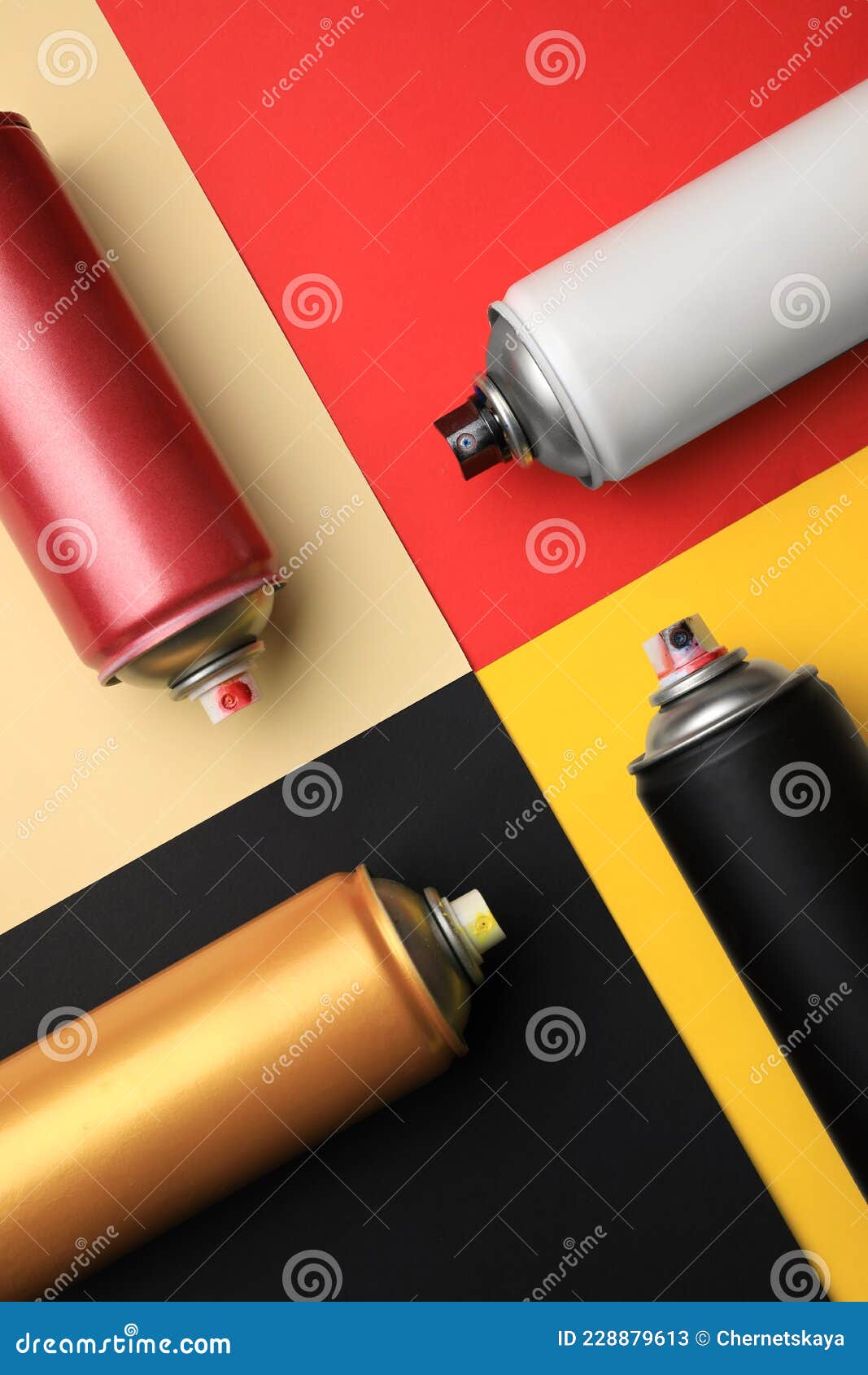 Cans of Different Graffiti Spray Paints on Color Background, Flat Lay ...