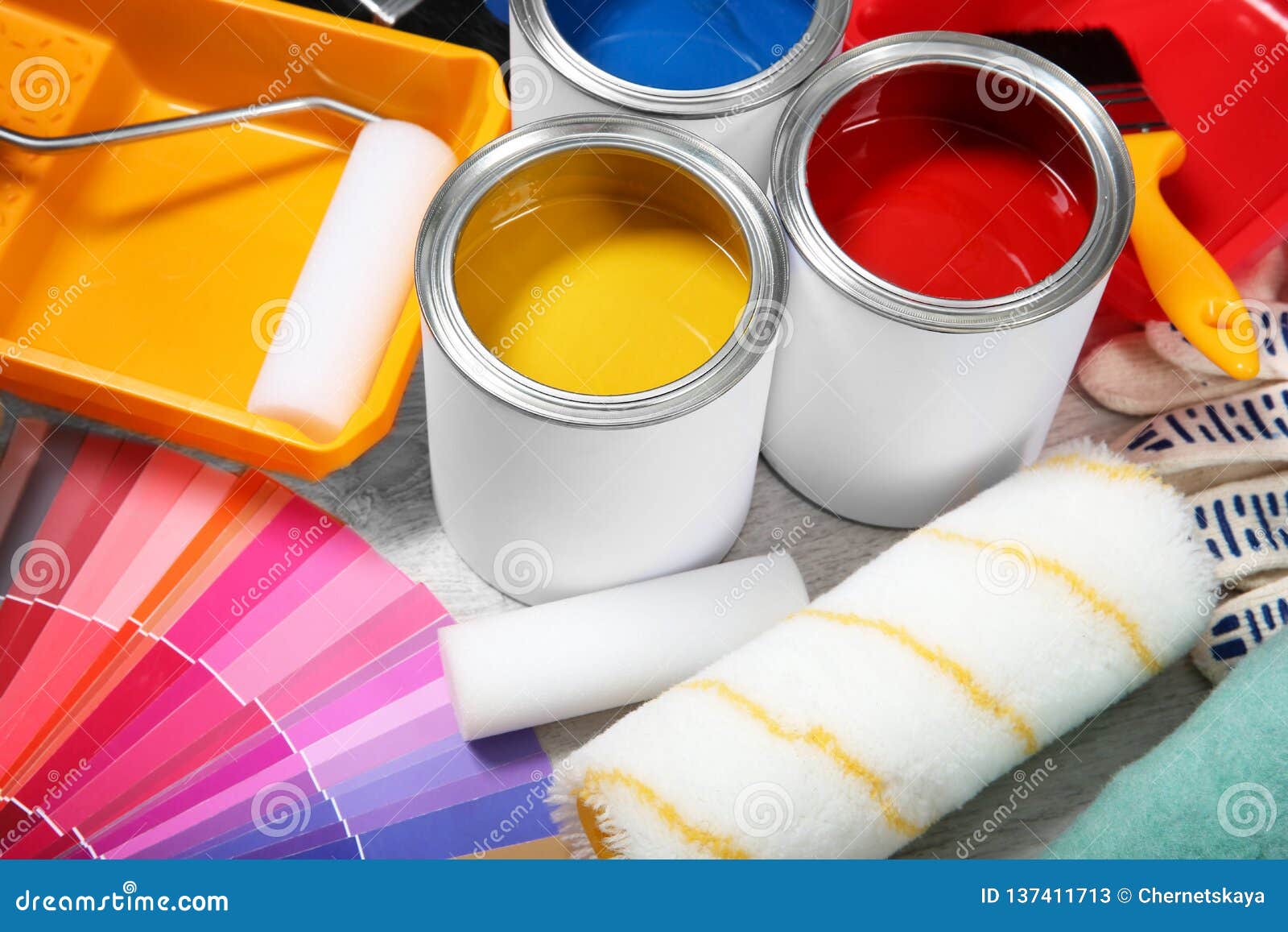 Cans of Paint and Decorator Tools Stock Image - Image of indoors, brush ...