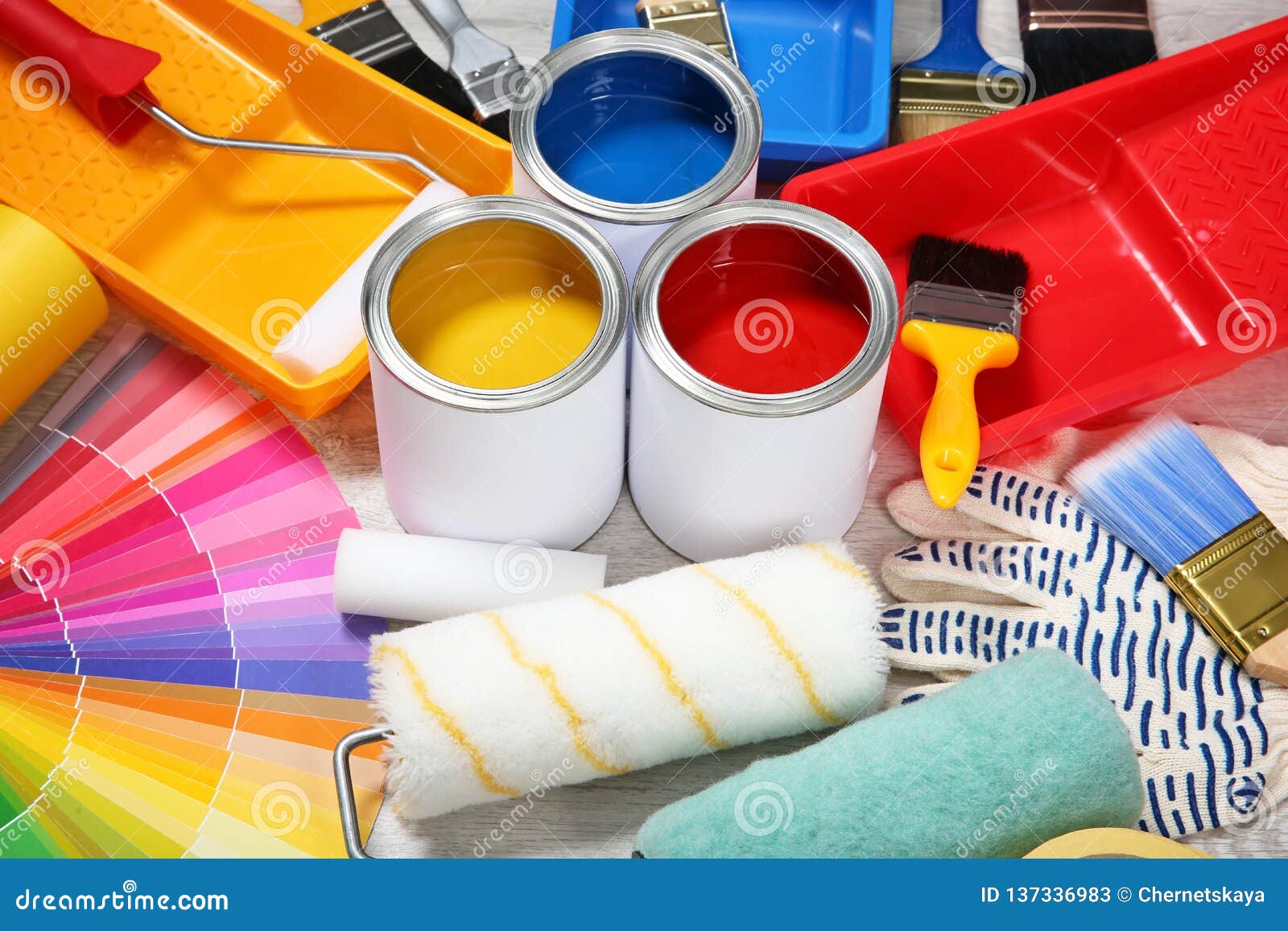 Cans of Paint and Decorator Tools Stock Image - Image of redecoration ...