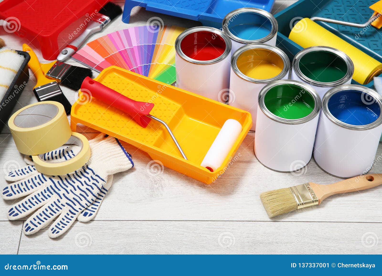 Cans of Paint and Decorator Tools Stock Image - Image of decorator ...