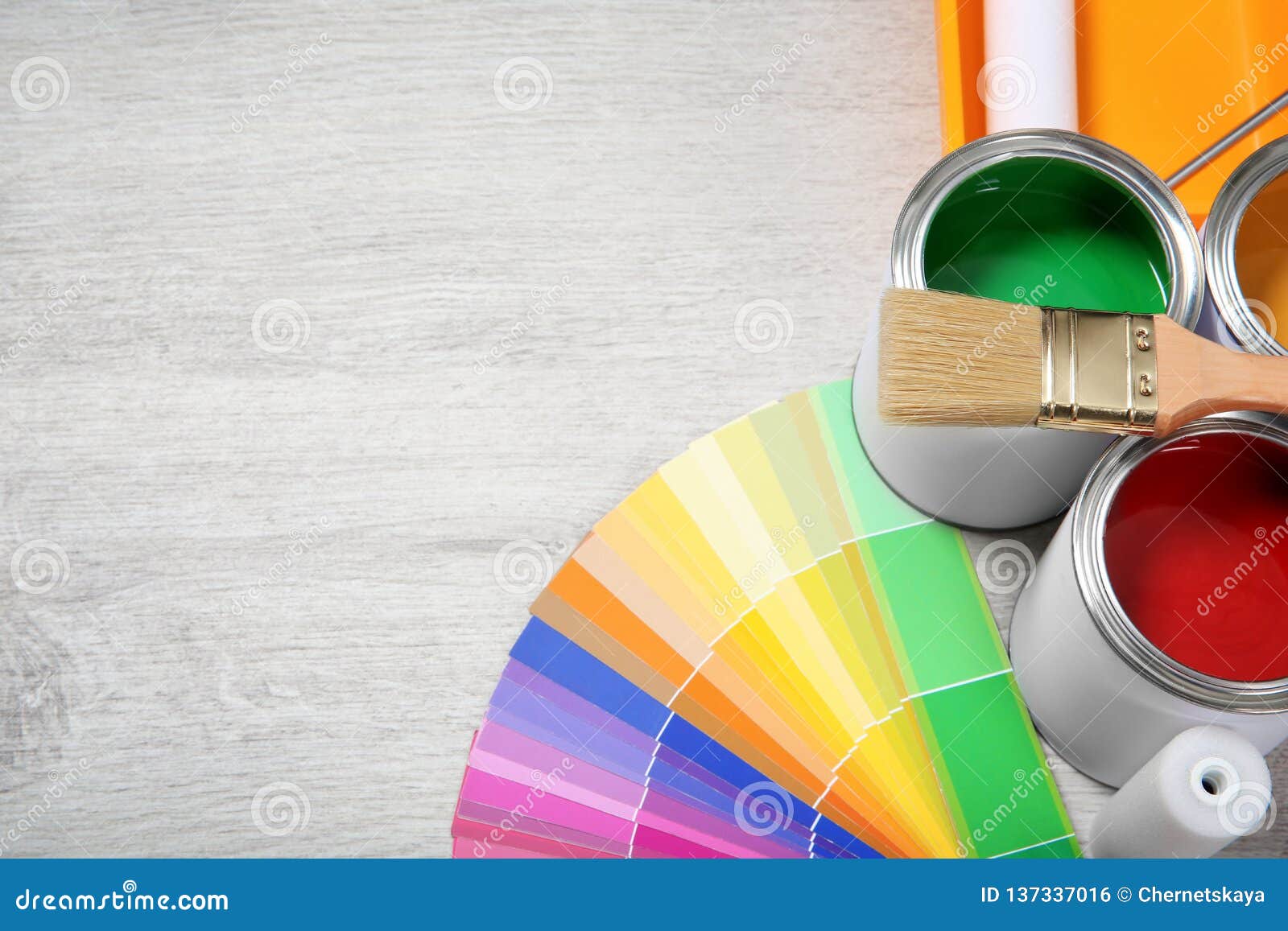 Cans of Paint and Decorator Tools on Wooden Floor. Stock Photo - Image ...