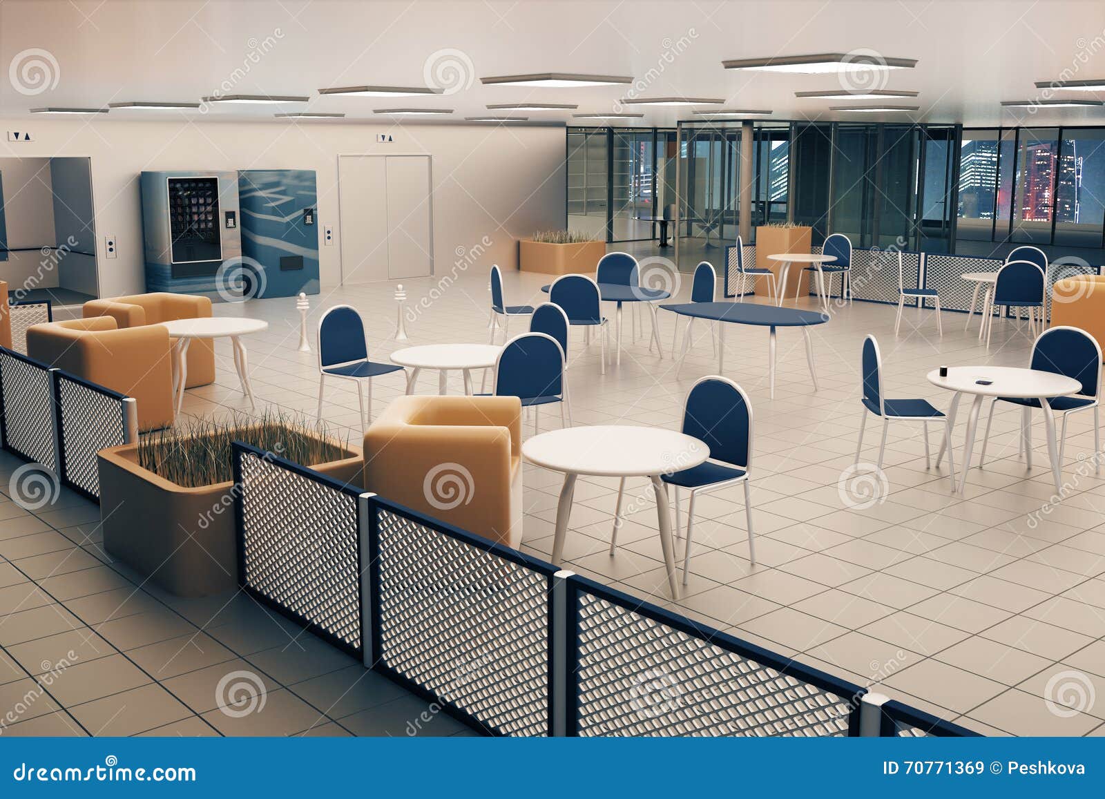 Canteen Interior Night City View Stock Illustration - Illustration of ...