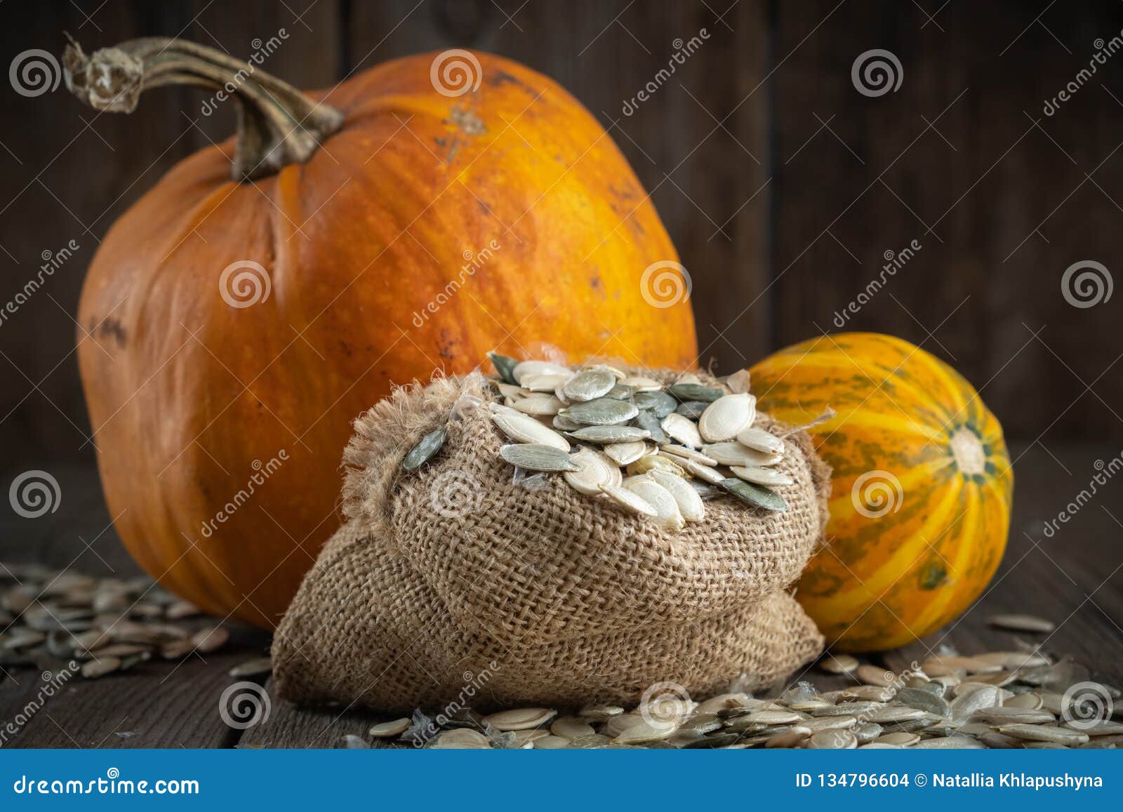 Canvas Bag of Pumpkins Seeds and Two Pumpkins on Wooden Table. Stock ...