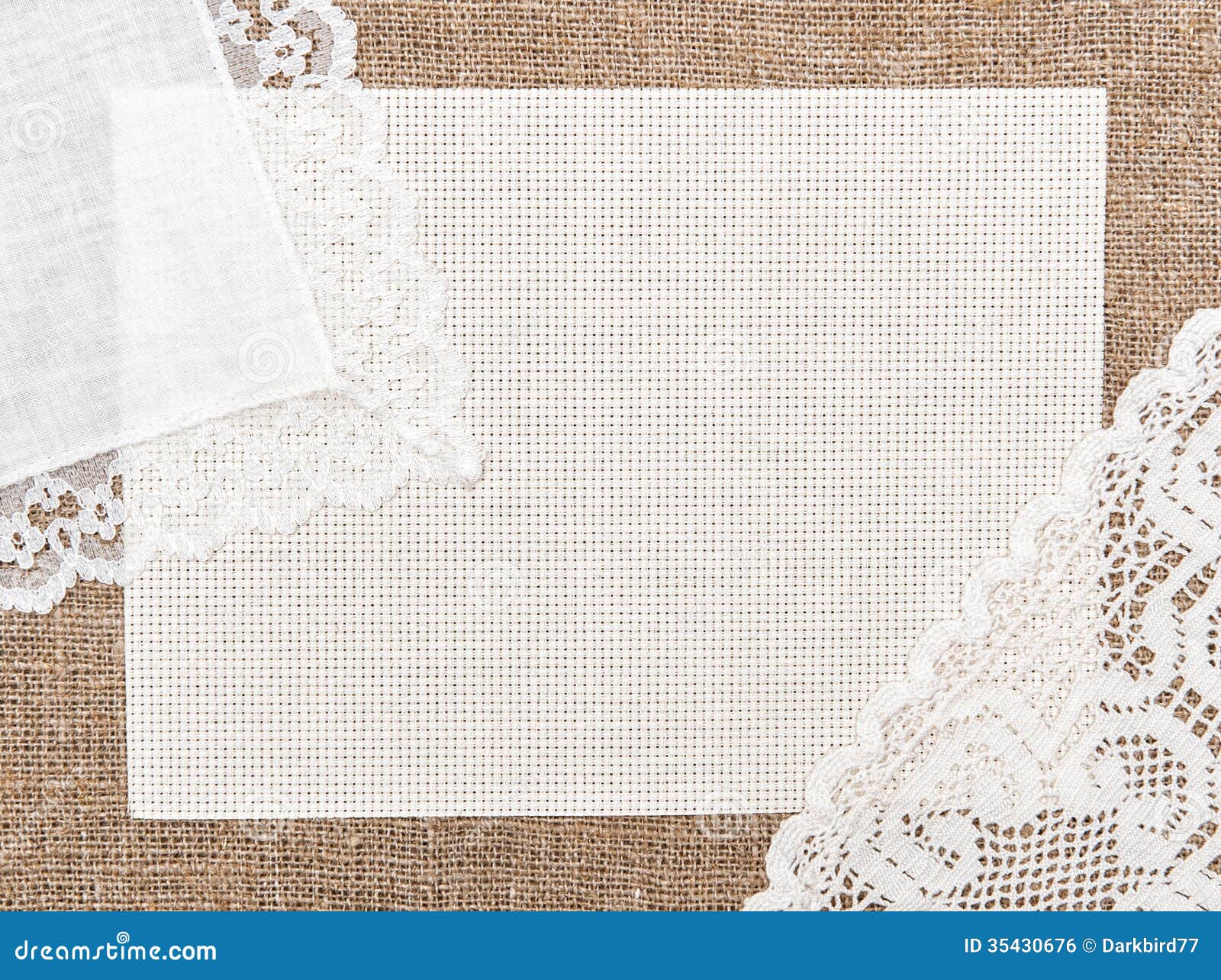 Canvas Card on Burlap with Lacy and Linen Cloth Stock Photo - Image of ...