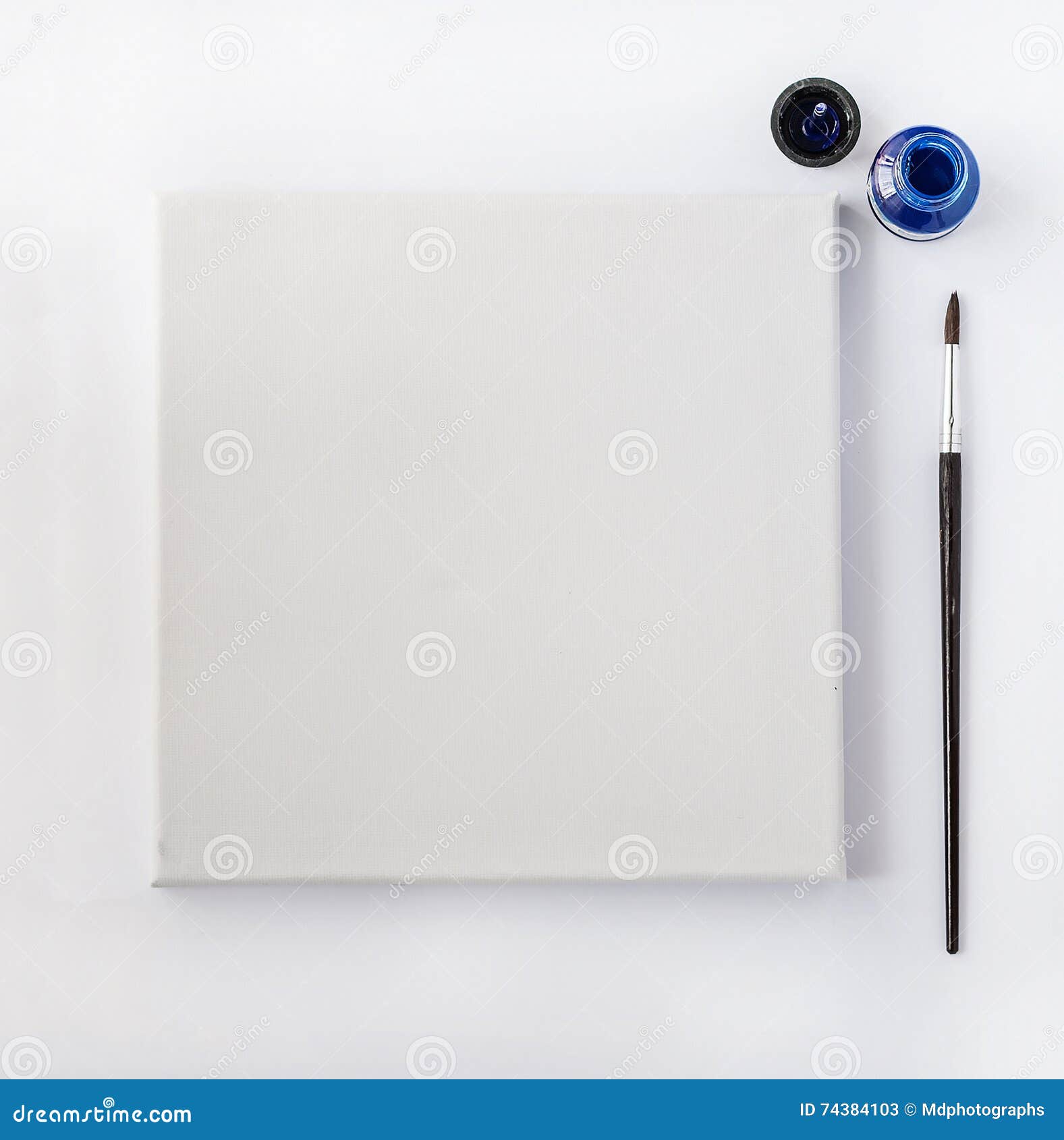 Canvas with Paint Brush and Ink, Top View on White Stock Image - Image ...