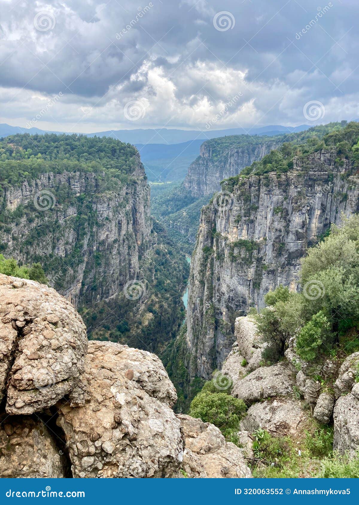 A Canyon Mountain with Trees and River in the Distance between Cliffs ...