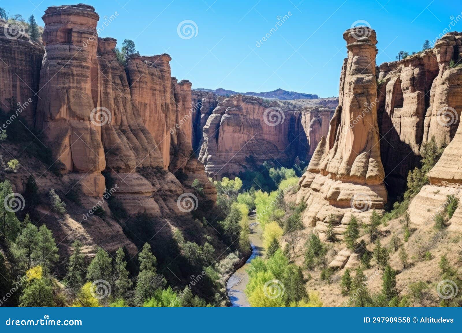 Canyon with Tall Rock Formations in Background Stock Photo - Image of ...