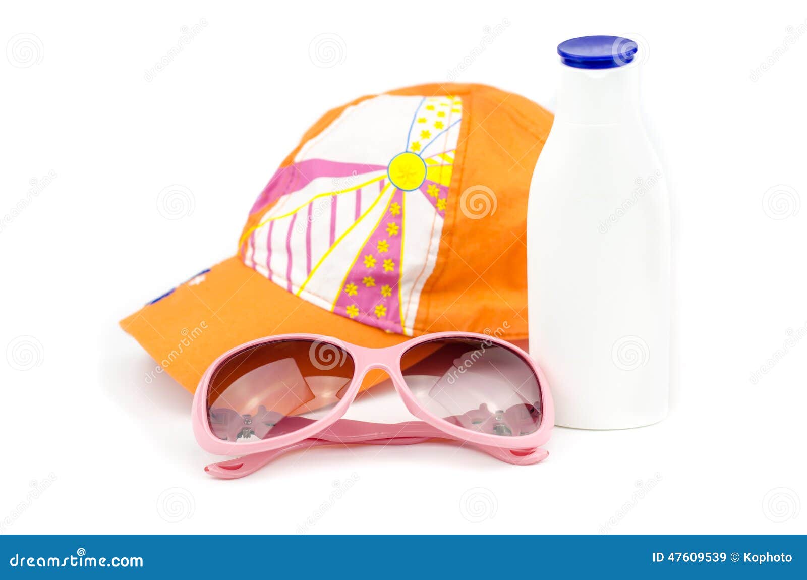 Cap with Sunglasses and Sunscreen Stock Image - Image of white, still ...